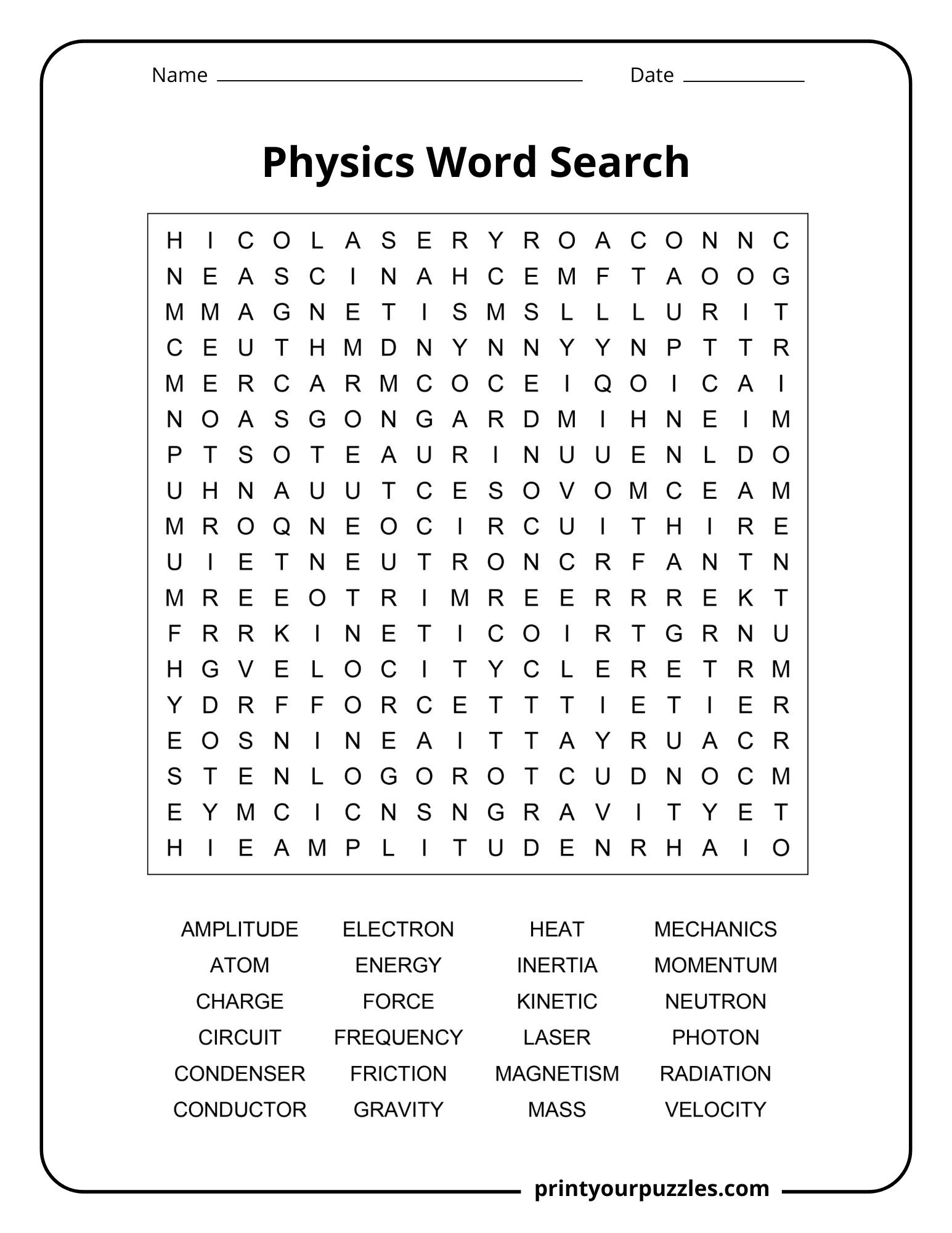 Physics Word Search | Print Your Puzzles