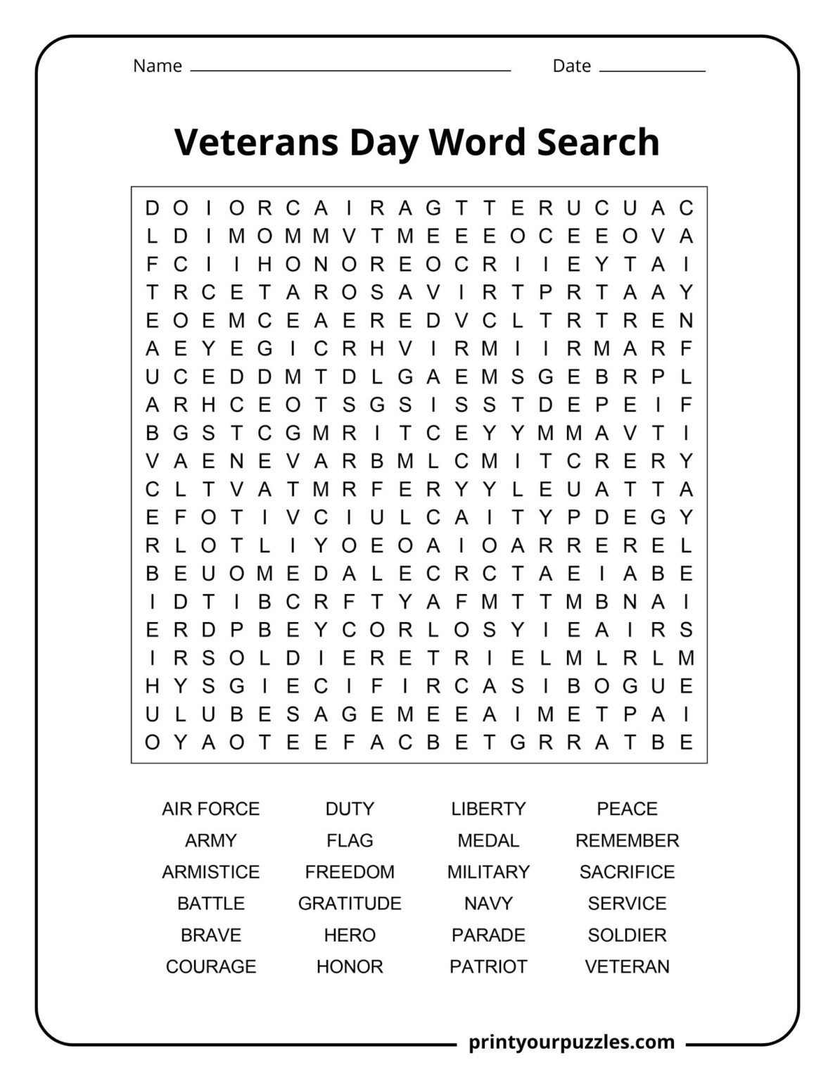 Veterans Day Word Search | Print Your Puzzles