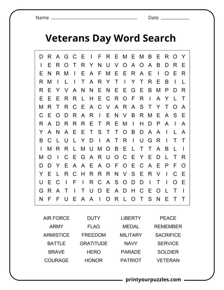 Veterans Day Word Search | Print Your Puzzles