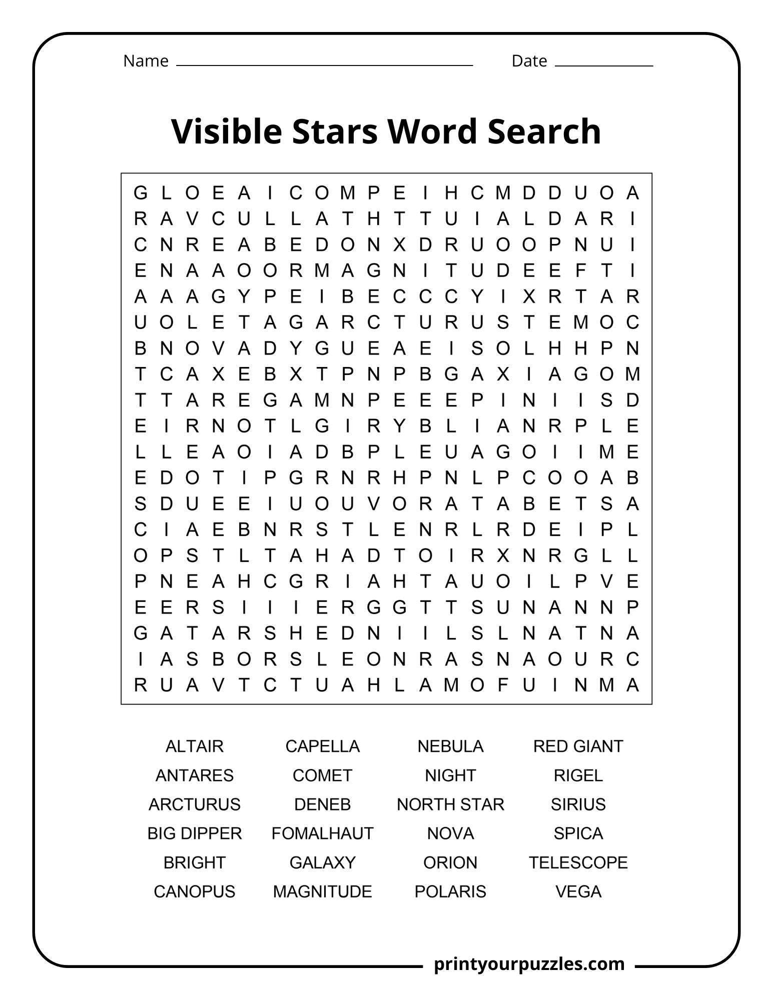 Visible Stars Word Search | Print Your Puzzles