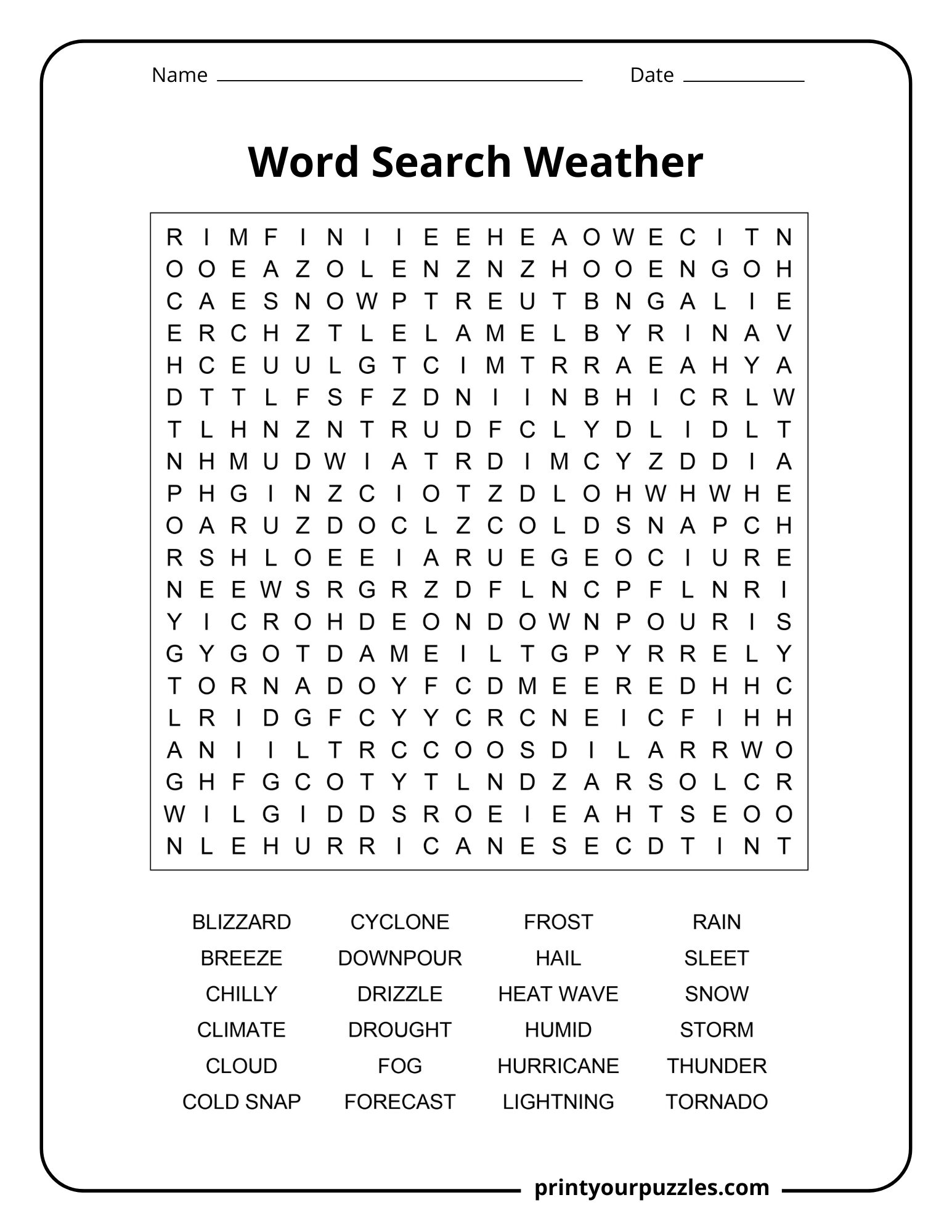 Weather Word Search | Print Your Puzzles