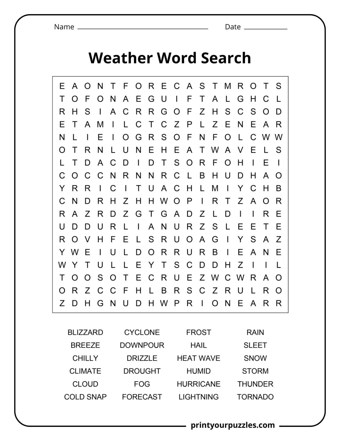 Weather Word Search | Print Your Puzzles