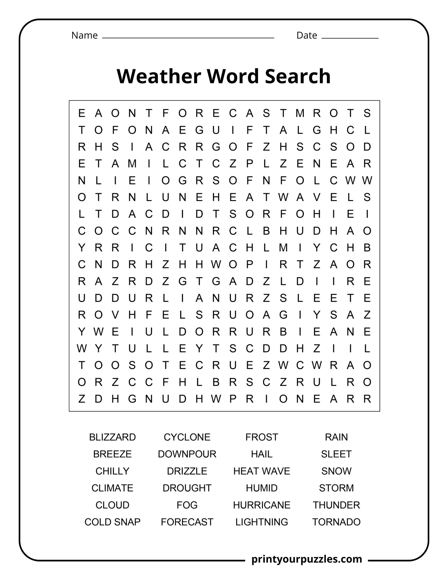 Weather Word Search | Print Your Puzzles