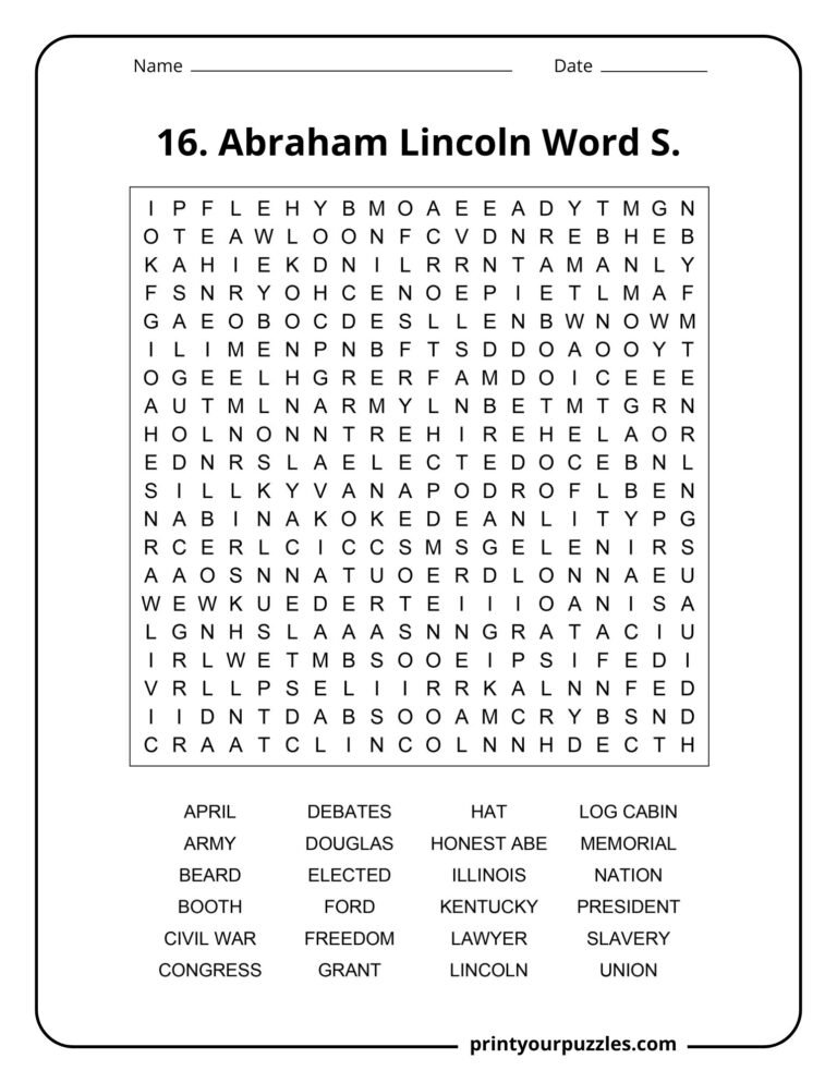 Abraham Lincoln Word Search | Print Your Puzzles