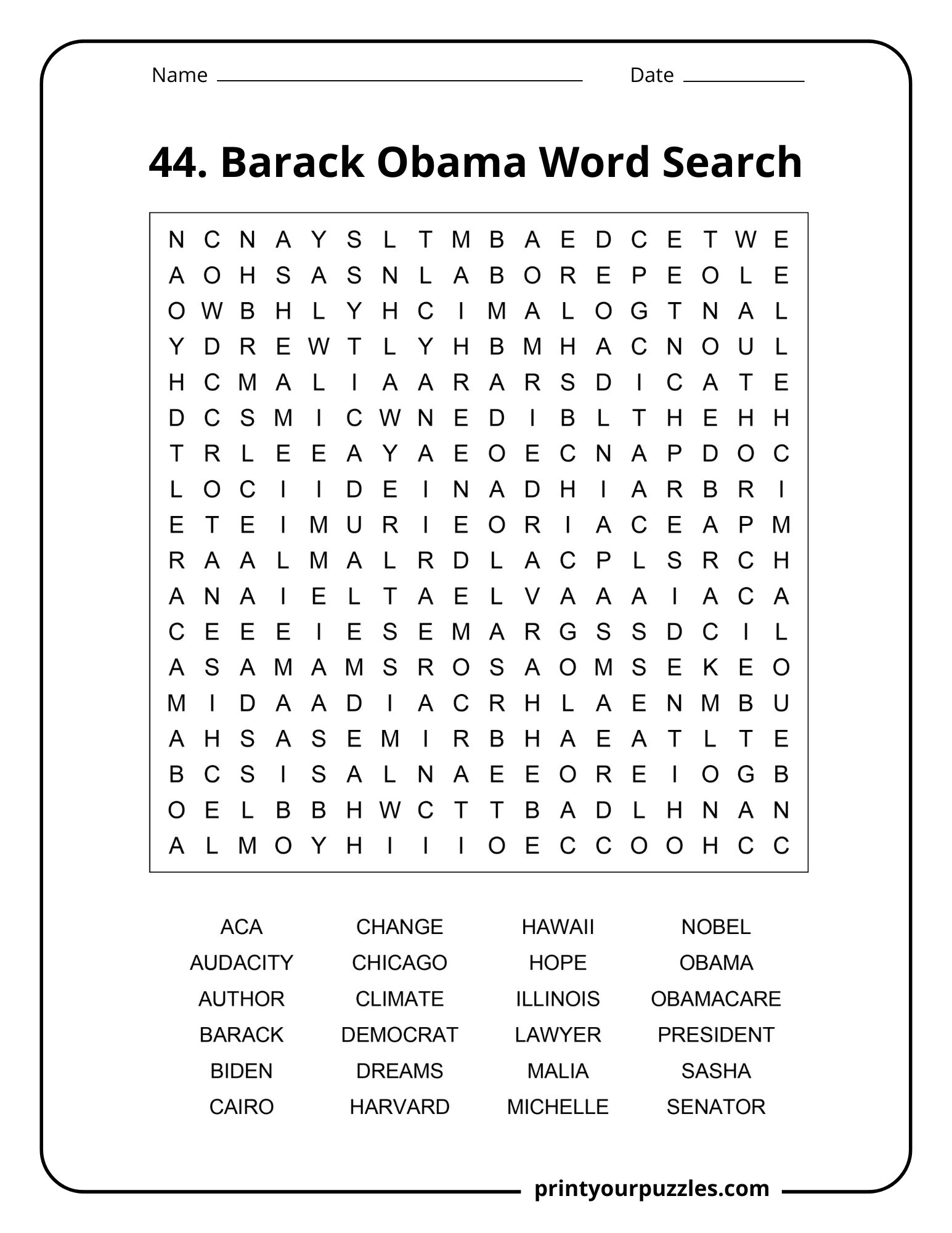 Barack Obama Word Search | Print Your Puzzles