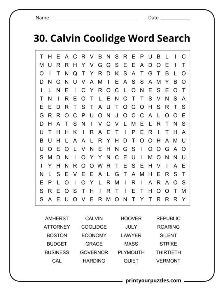 Calvin Coolidge Word Search | Print Your Puzzles