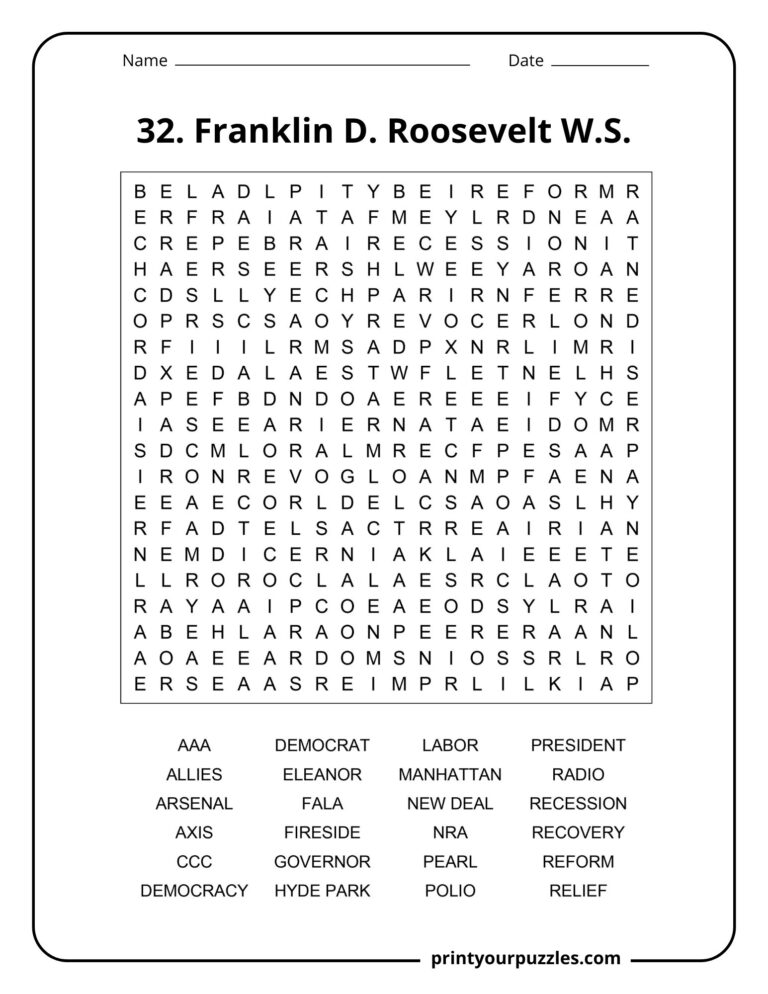 Franklin D. Roosevelt Word Search | Print Your Puzzles