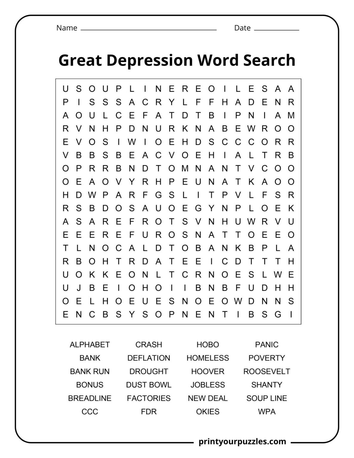 Great Depression Word Search | Print Your Puzzles