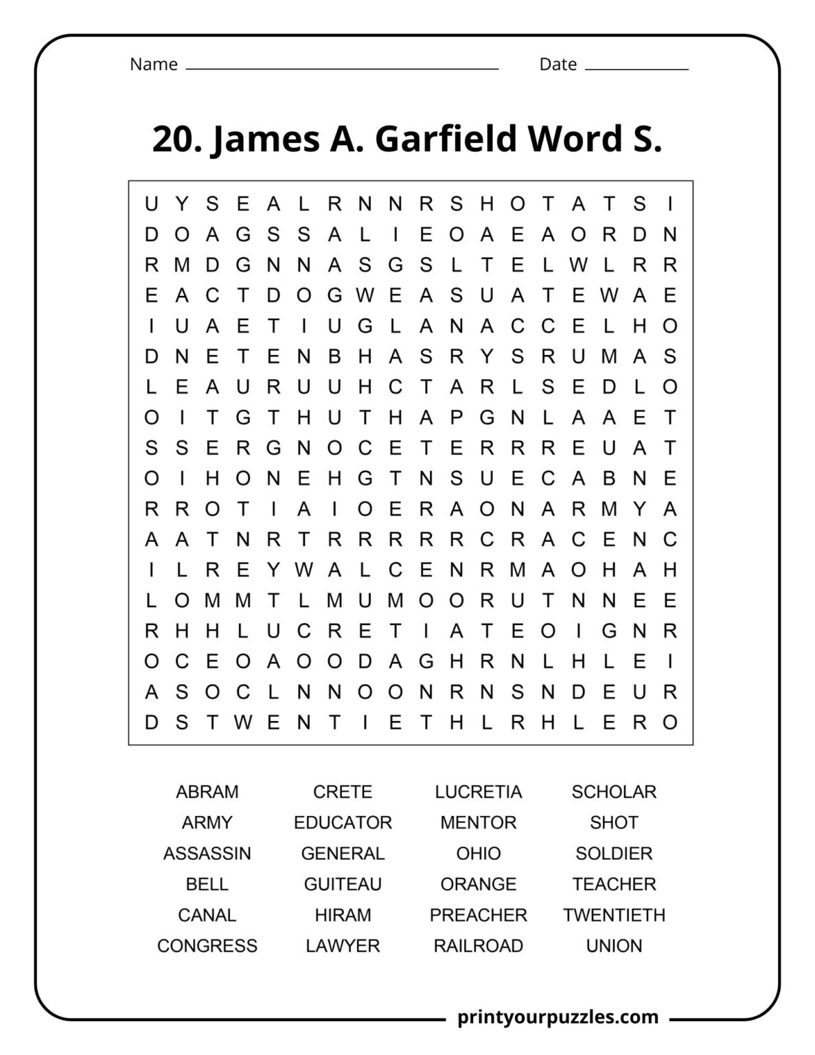 James A. Garfield Word Search | Print Your Puzzles