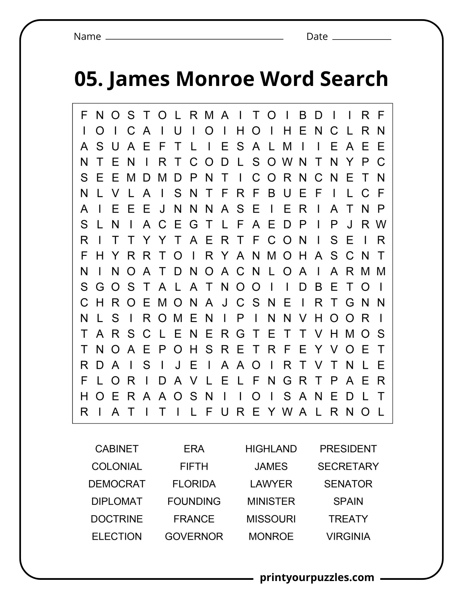 James Monroe Word Search | Print Your Puzzles
