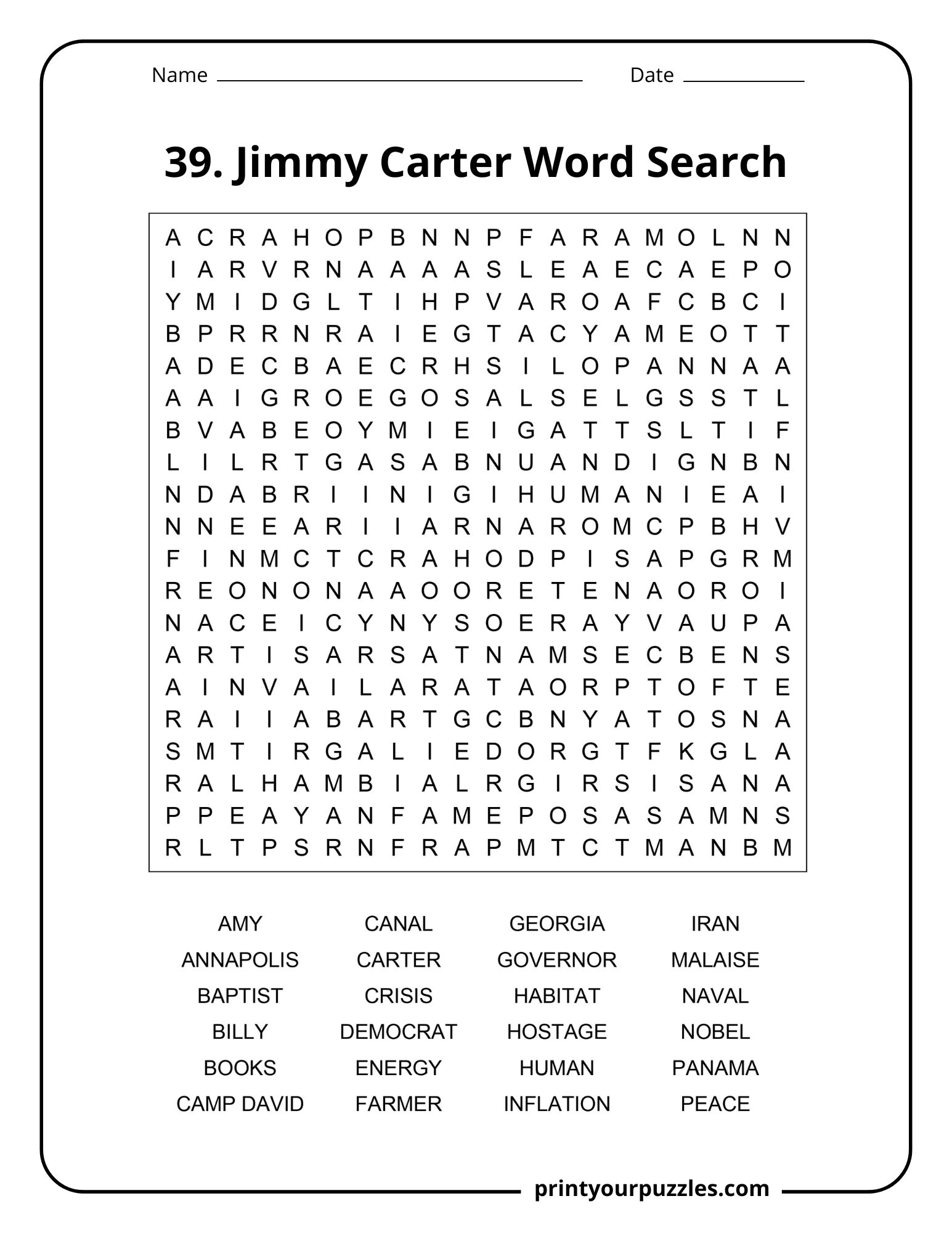Jimmy Carter Word Search | Print Your Puzzles
