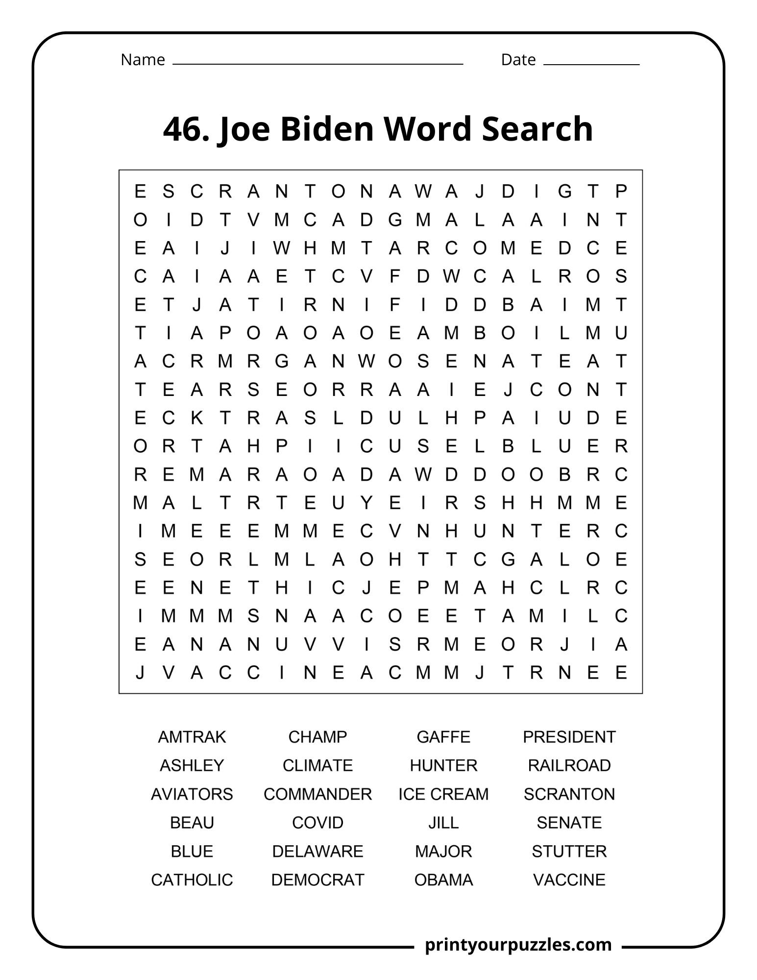Joe Biden Word Search | Print Your Puzzles