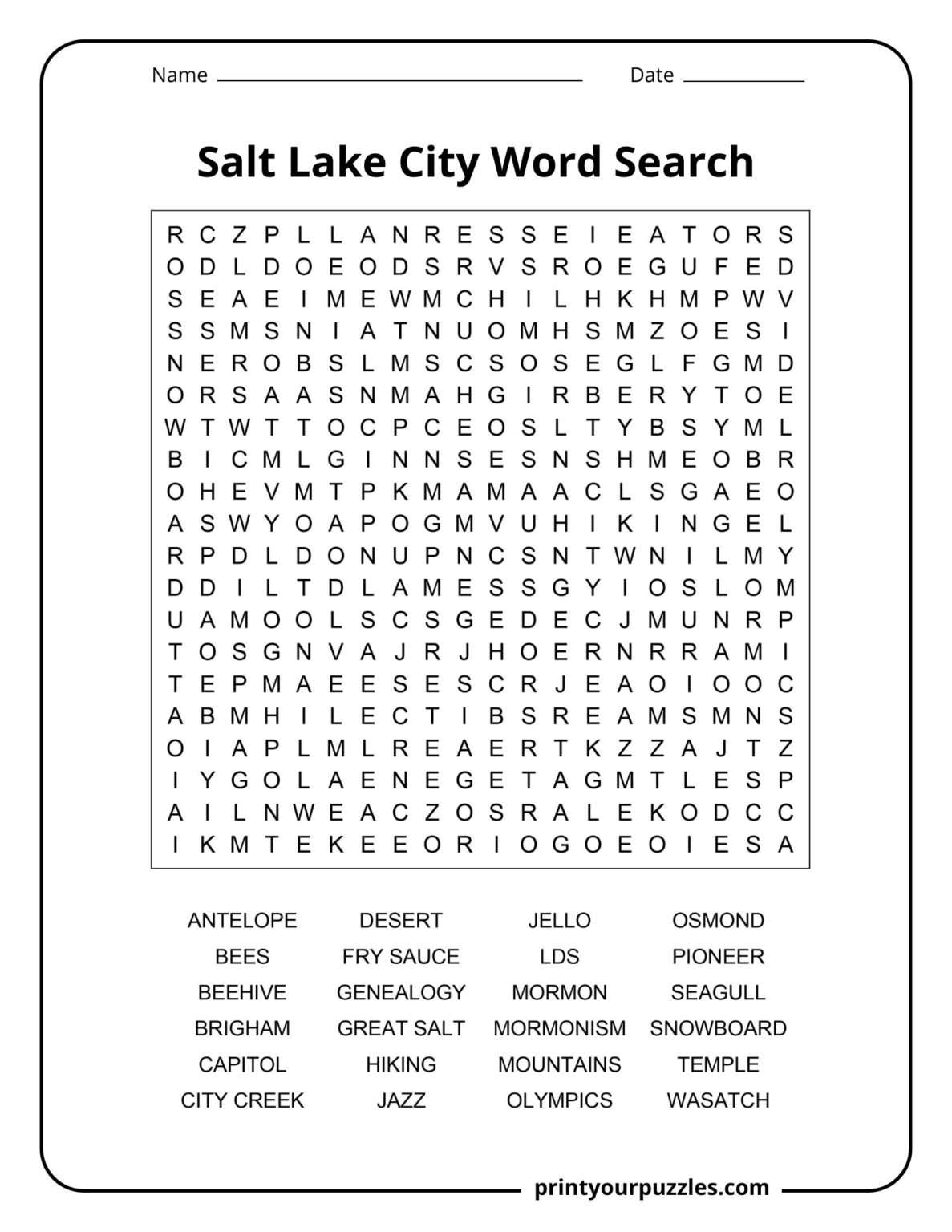 Salt Lake City Word Search | Print Your Puzzles