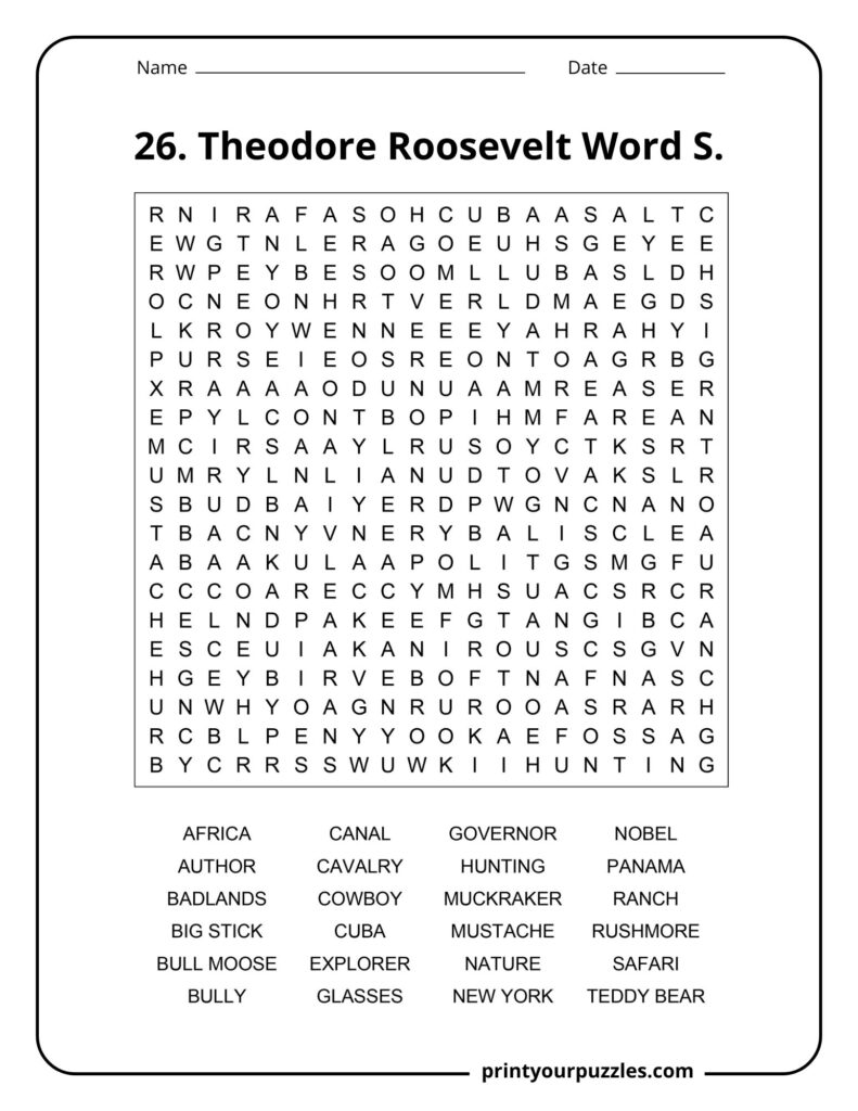 Theodore Roosevelt Word Search | Print Your Puzzles