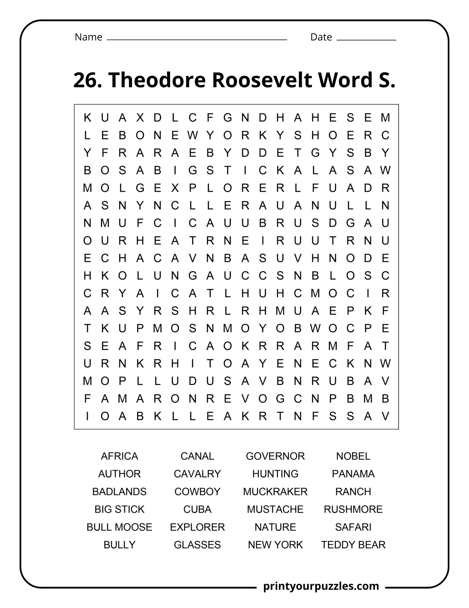 Theodore Roosevelt Word Search | Print Your Puzzles