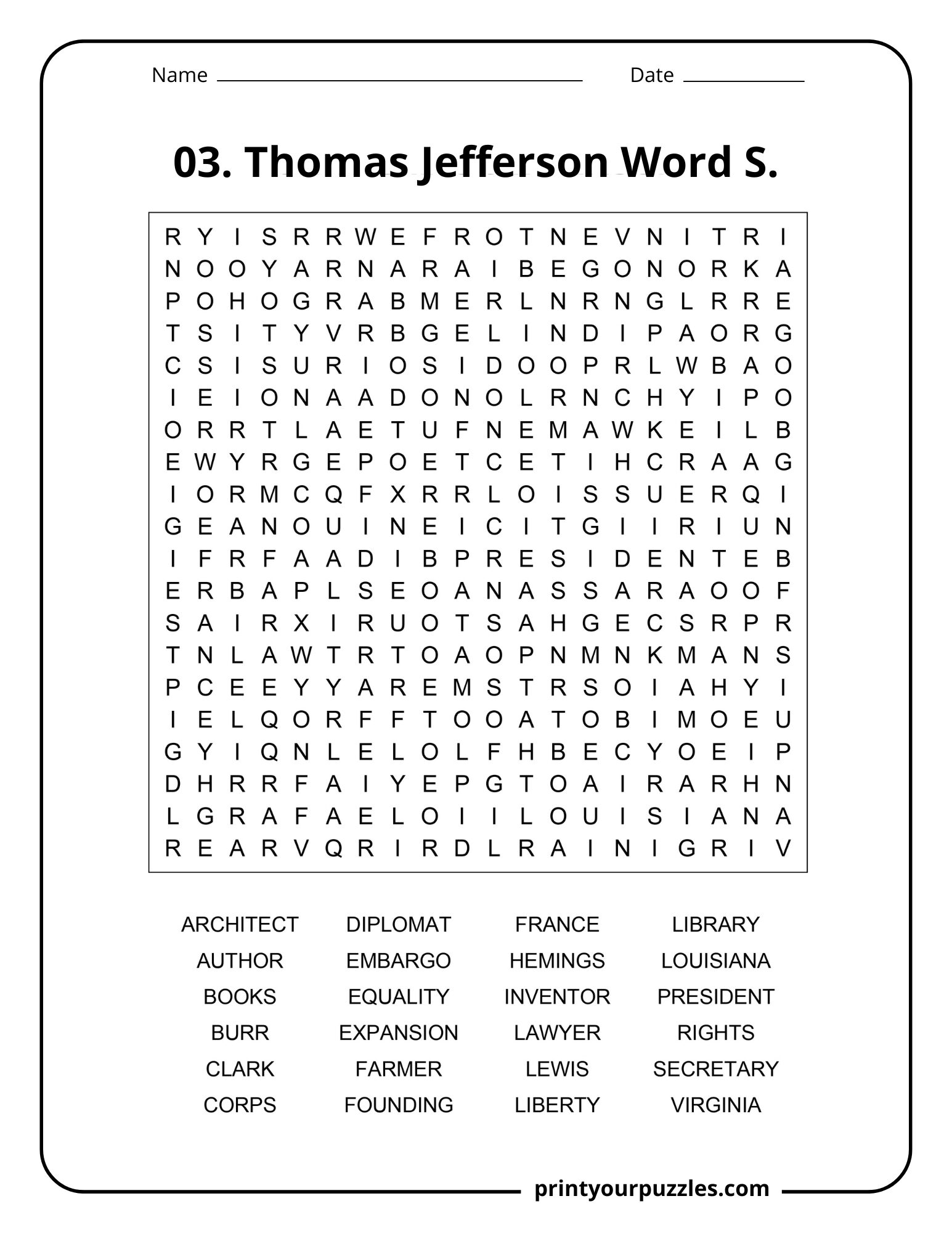Thomas Jefferson Word Search | Print Your Puzzles