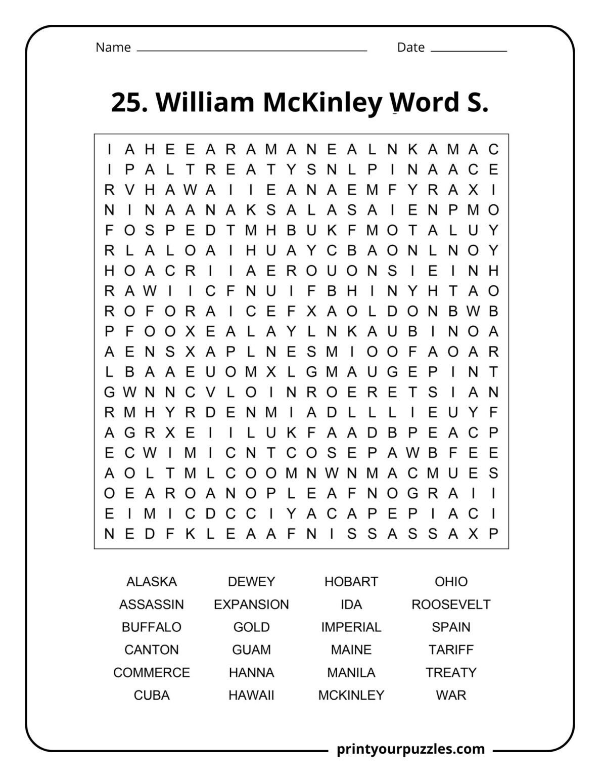 William McKinley Word Search | Print Your Puzzles