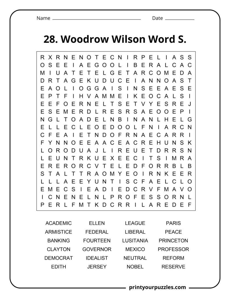 Woodrow Wilson Word Search | Print Your Puzzles