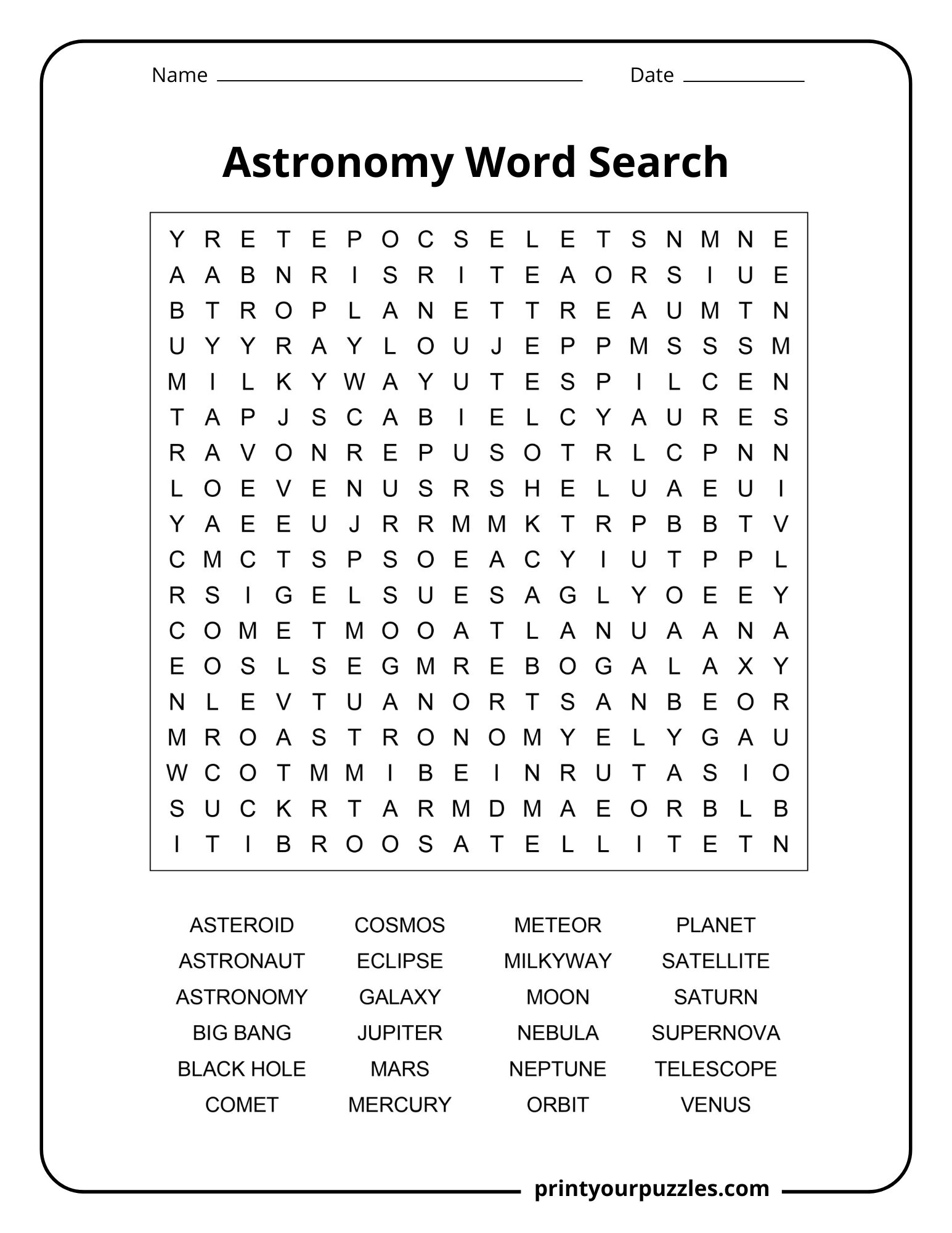 Astronomy Word Search | Print Your Puzzles