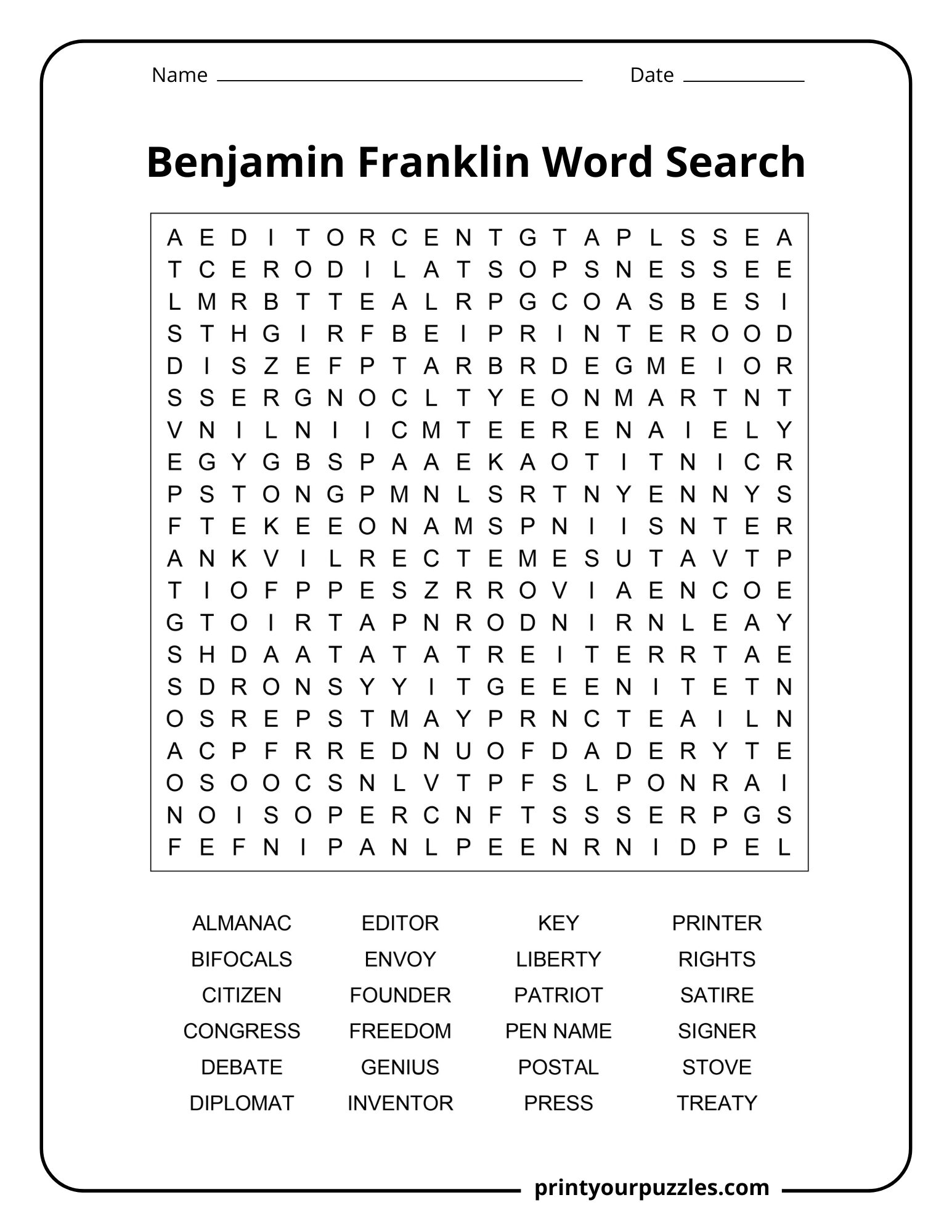 Benjamin Franklin Word Search | Print Your Puzzles
