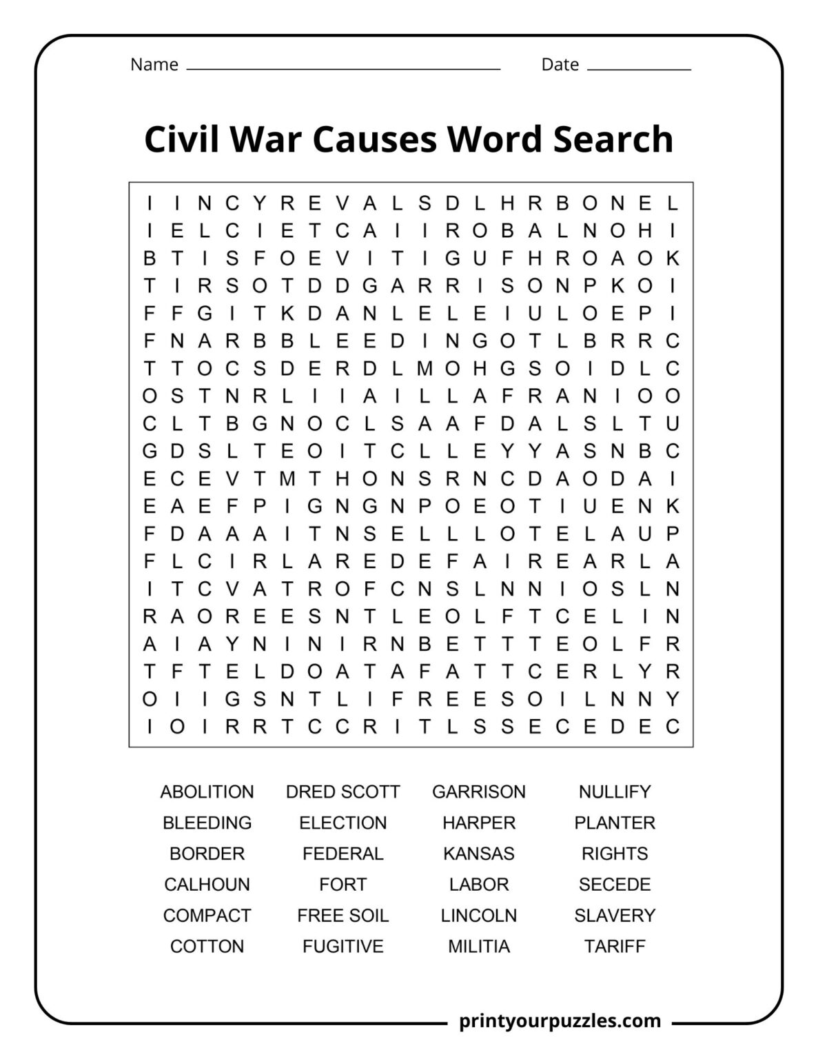 Civil War Causes Word Search | Print Your Puzzles