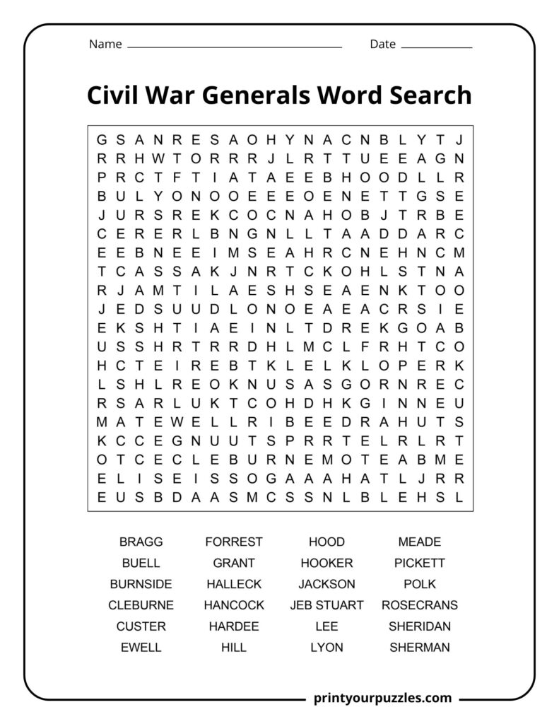 Civil War Generals Word Search | Print Your Puzzles