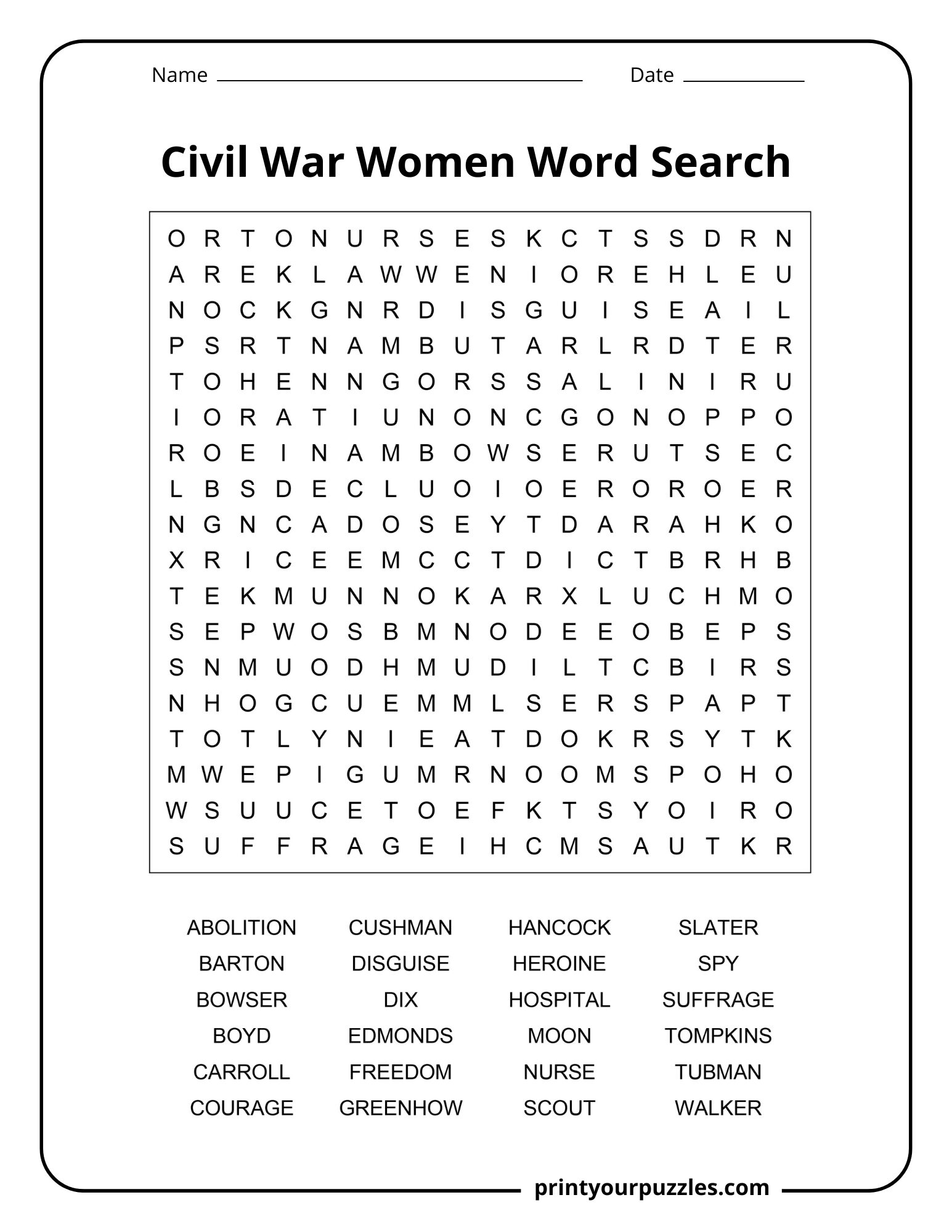 Civil War Women Word Search | Print Your Puzzles