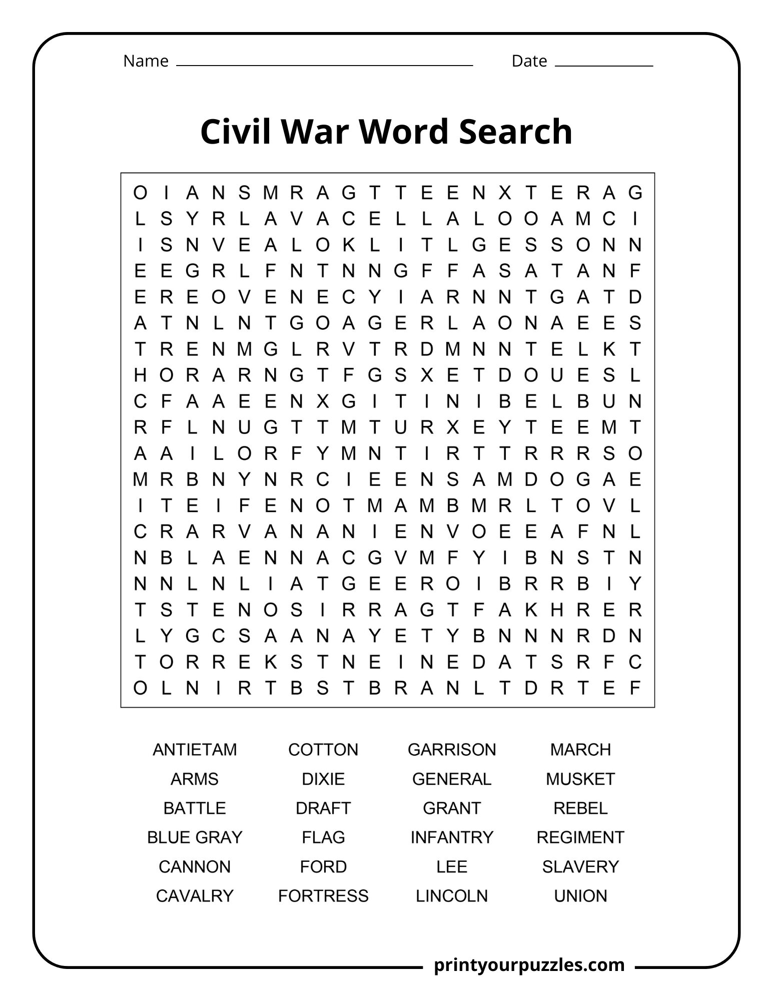 Civil War Word Search | Print Your Puzzles
