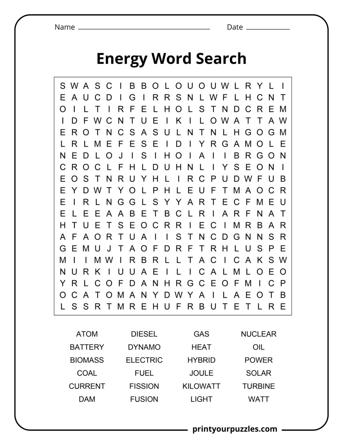 Energy Word Search | Print Your Puzzles
