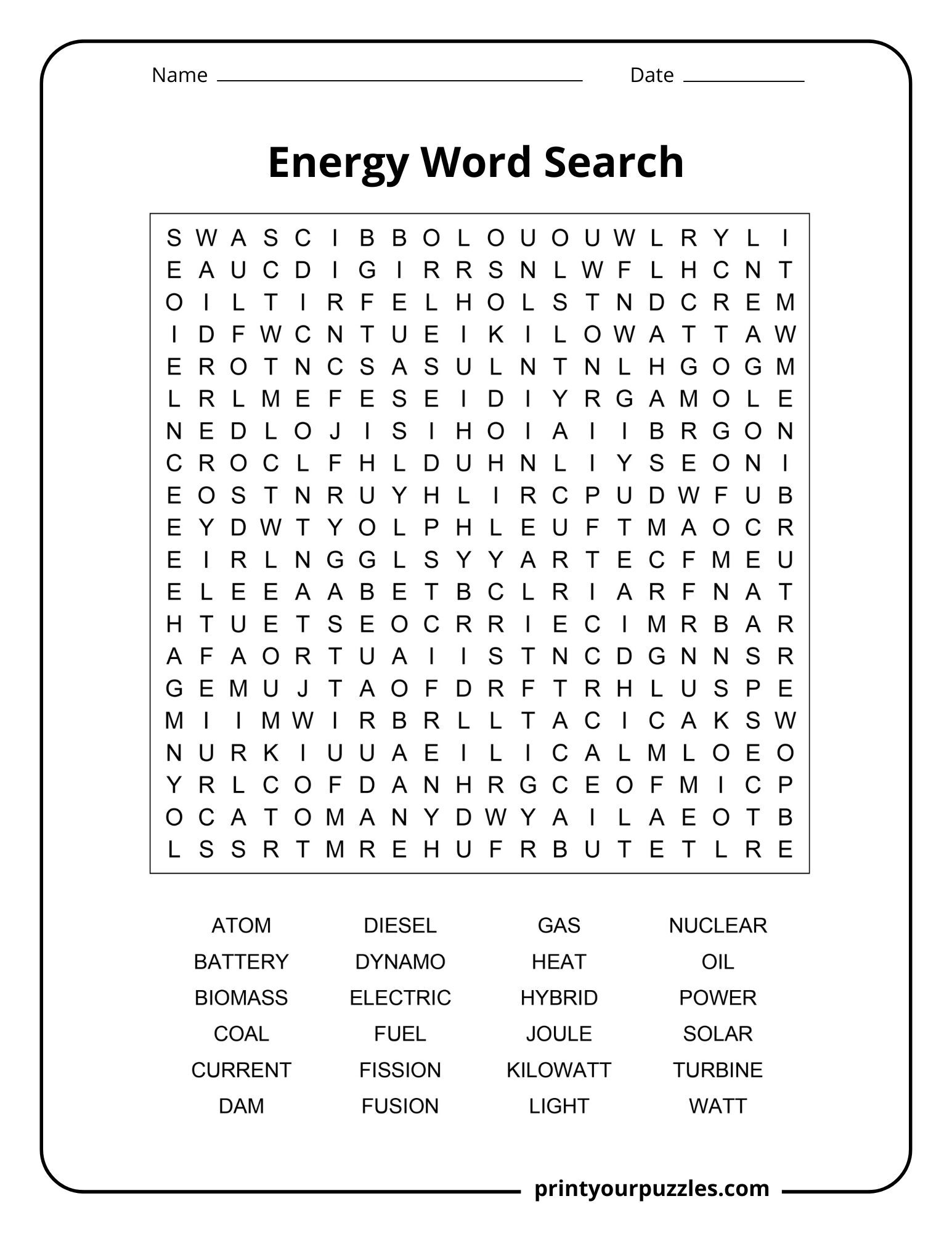 Energy Word Search | Print Your Puzzles