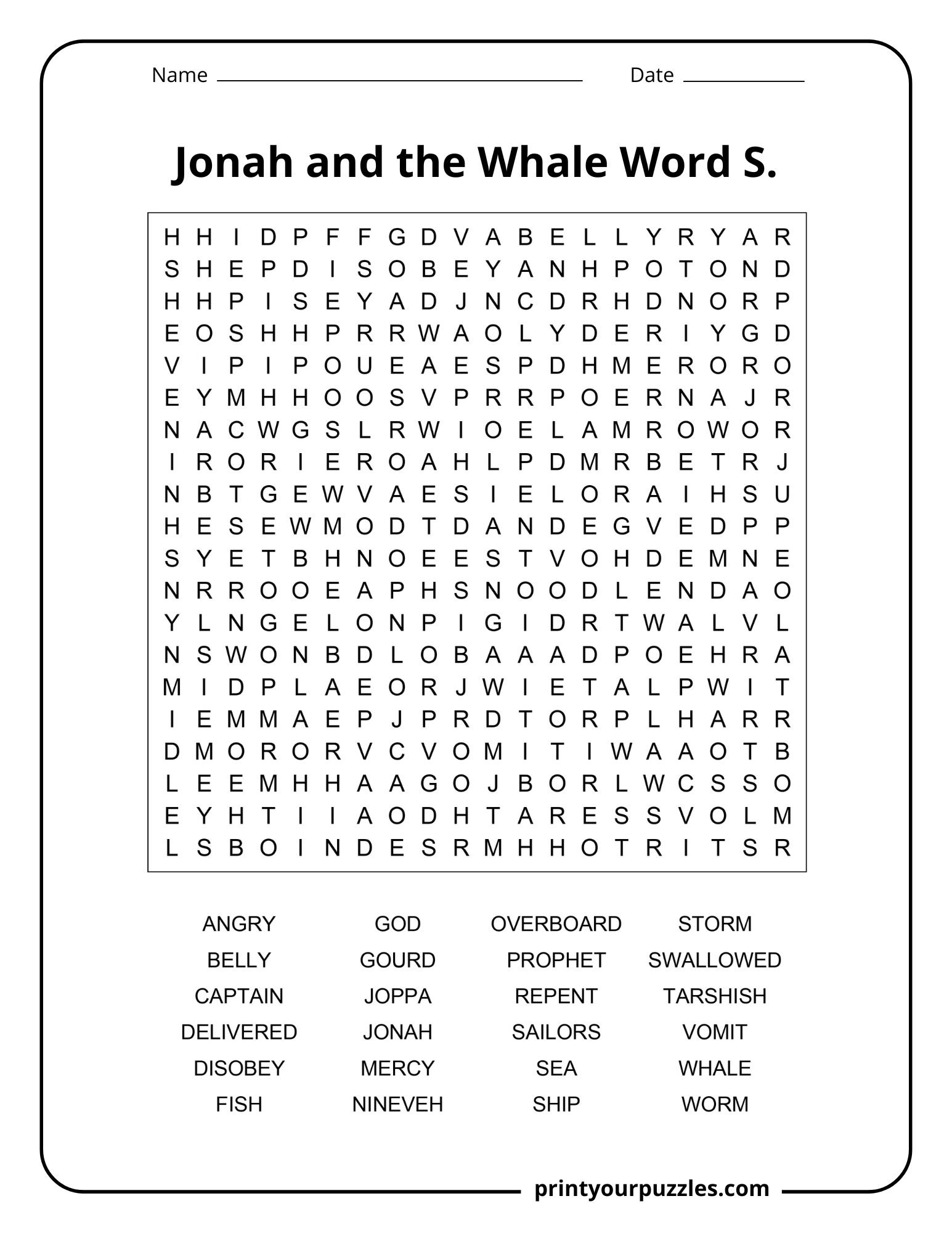 Jonah And The Whale Word Search | Print Your Puzzles