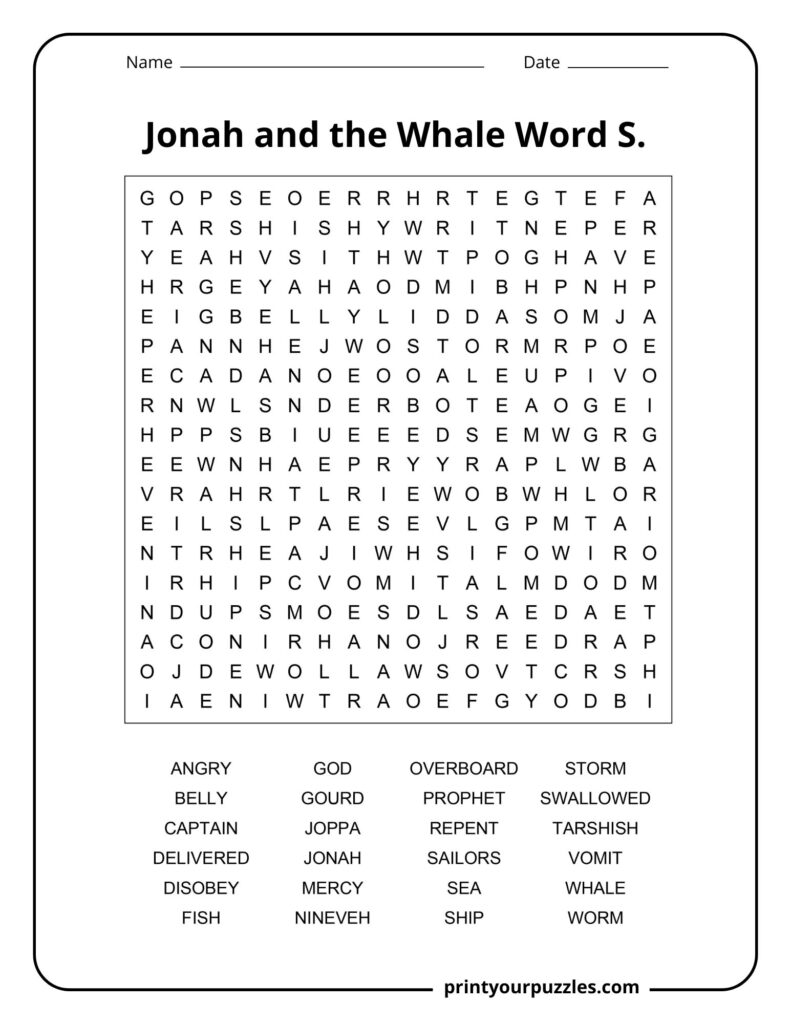Jonah And The Whale Word Search | Print Your Puzzles