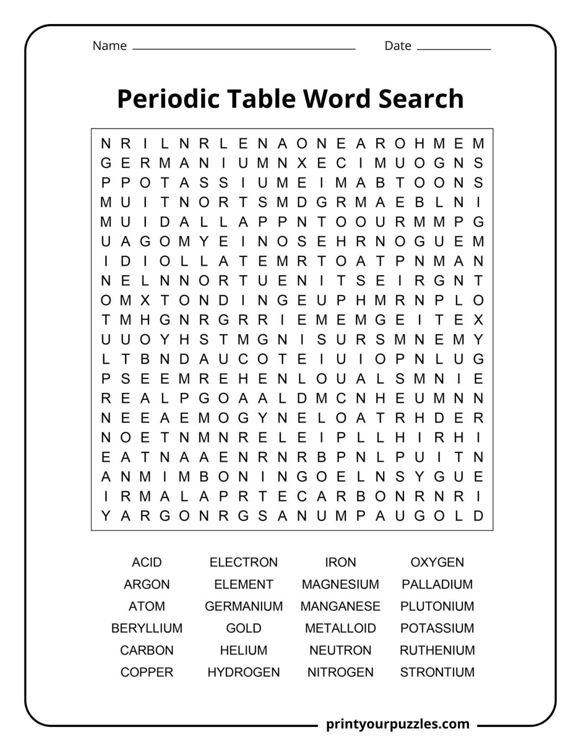 Periodic Table Word Search | Print Your Puzzles