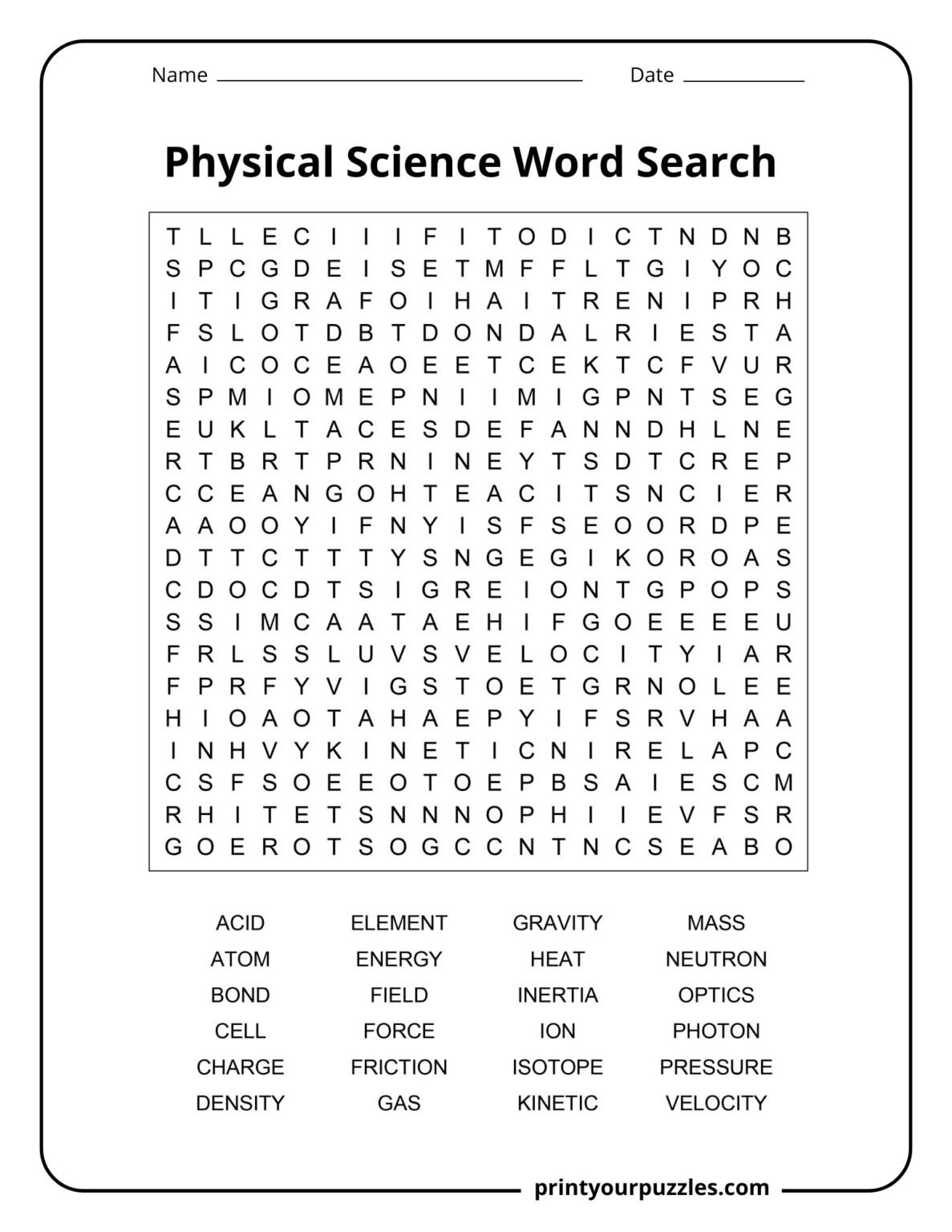 Physical Science Word Search | Print Your Puzzles
