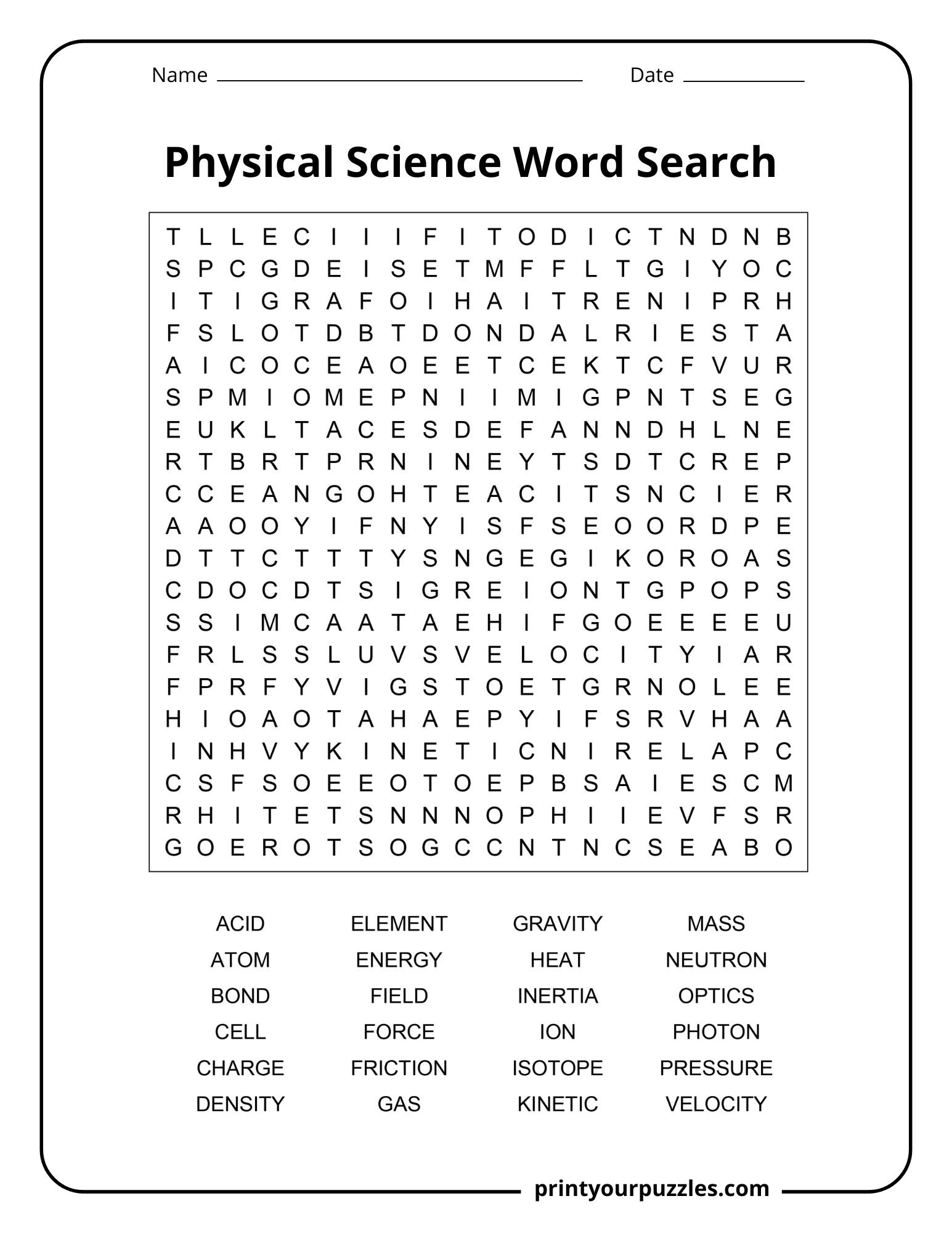 Physical Science Word Search | Print Your Puzzles