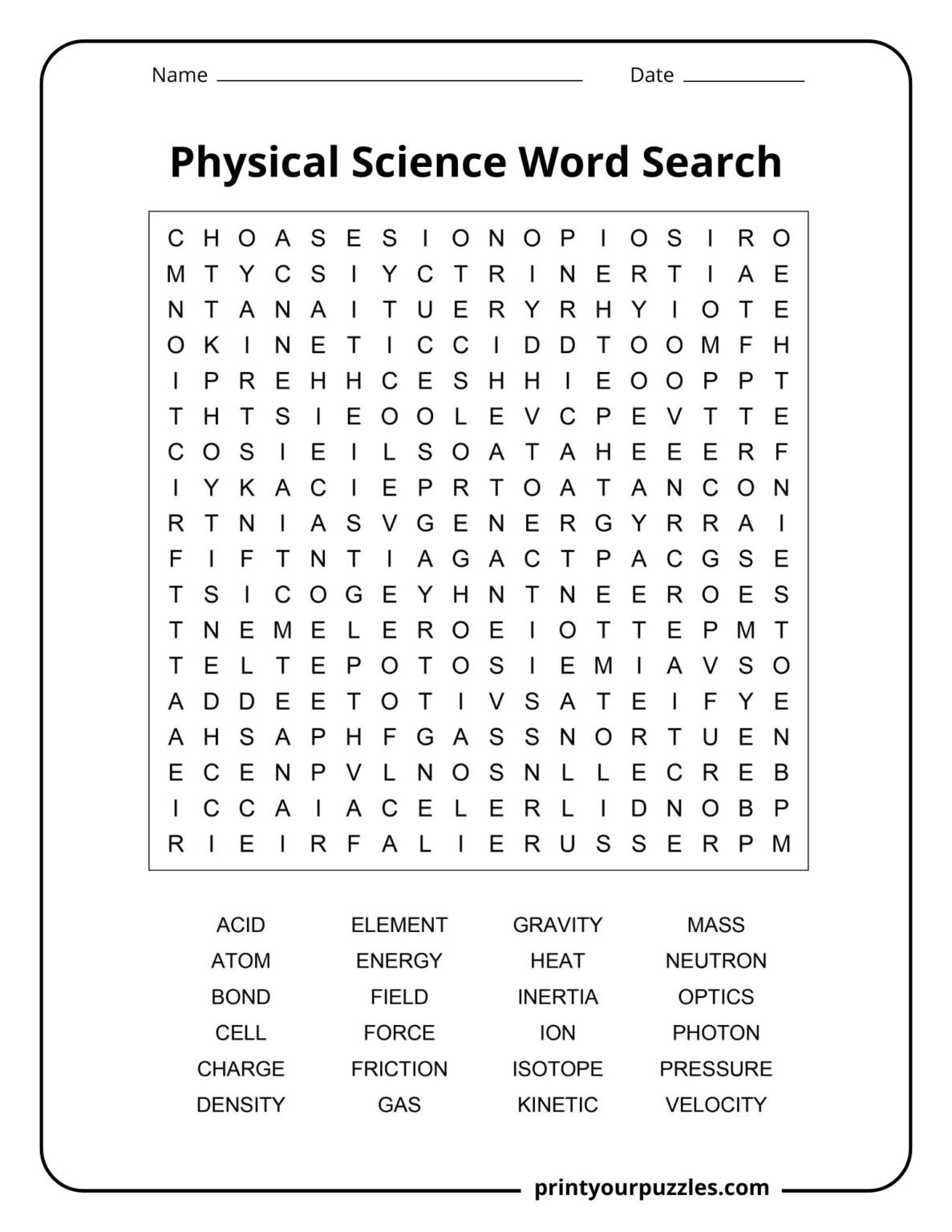 Physical Science Word Search | Print Your Puzzles