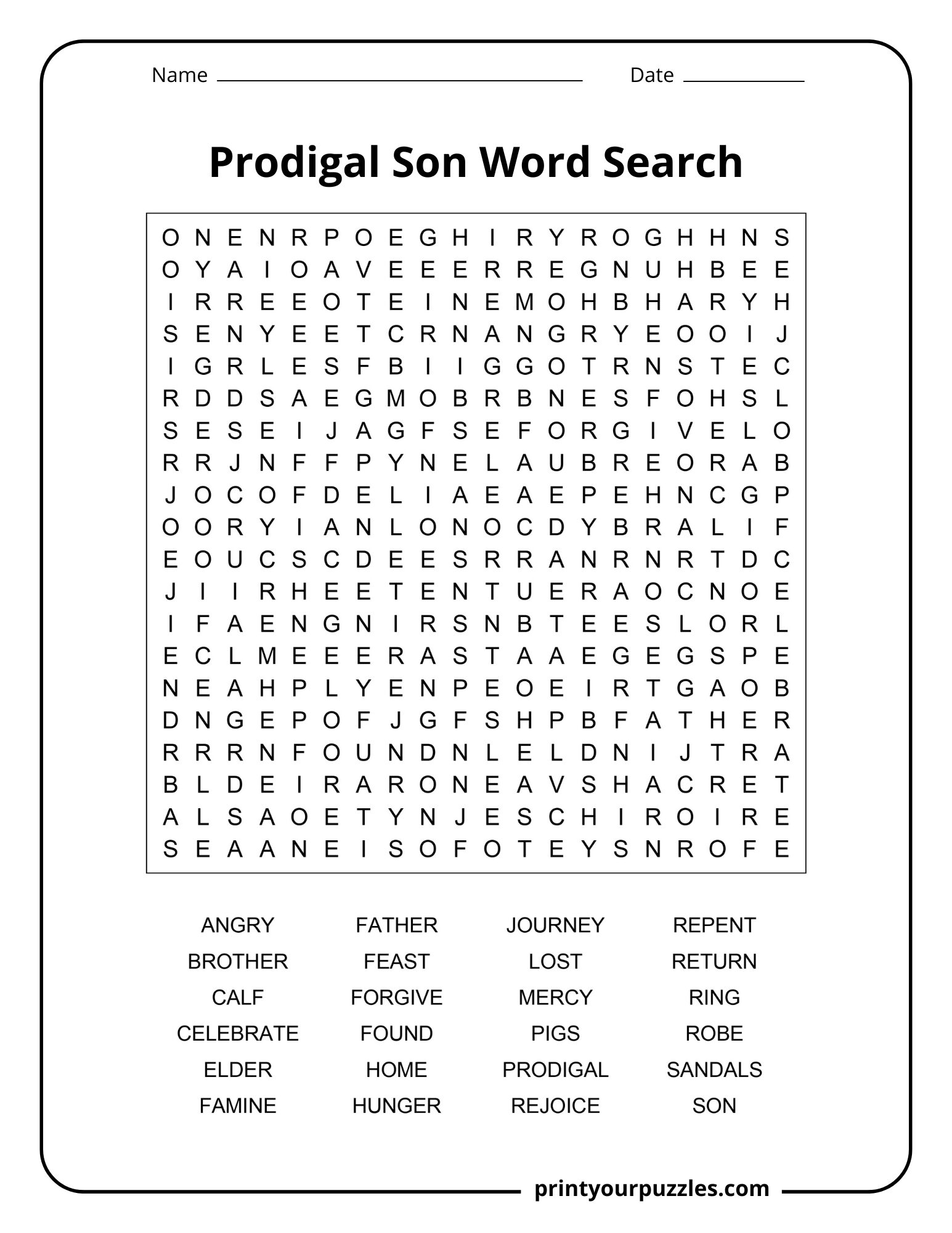Prodigal Son Word Search | Print Your Puzzles