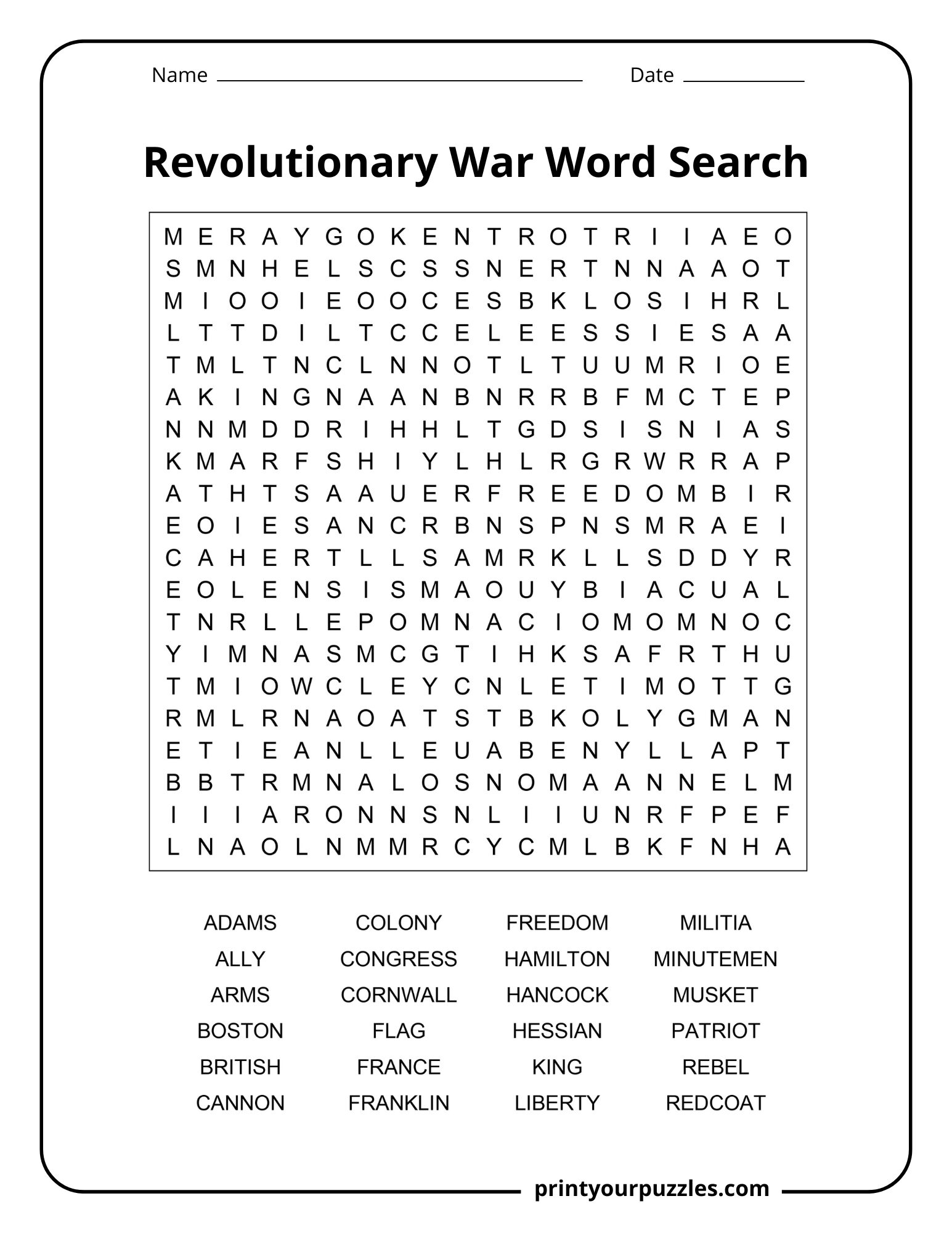 Revolutionary War Word Search | Print Your Puzzles