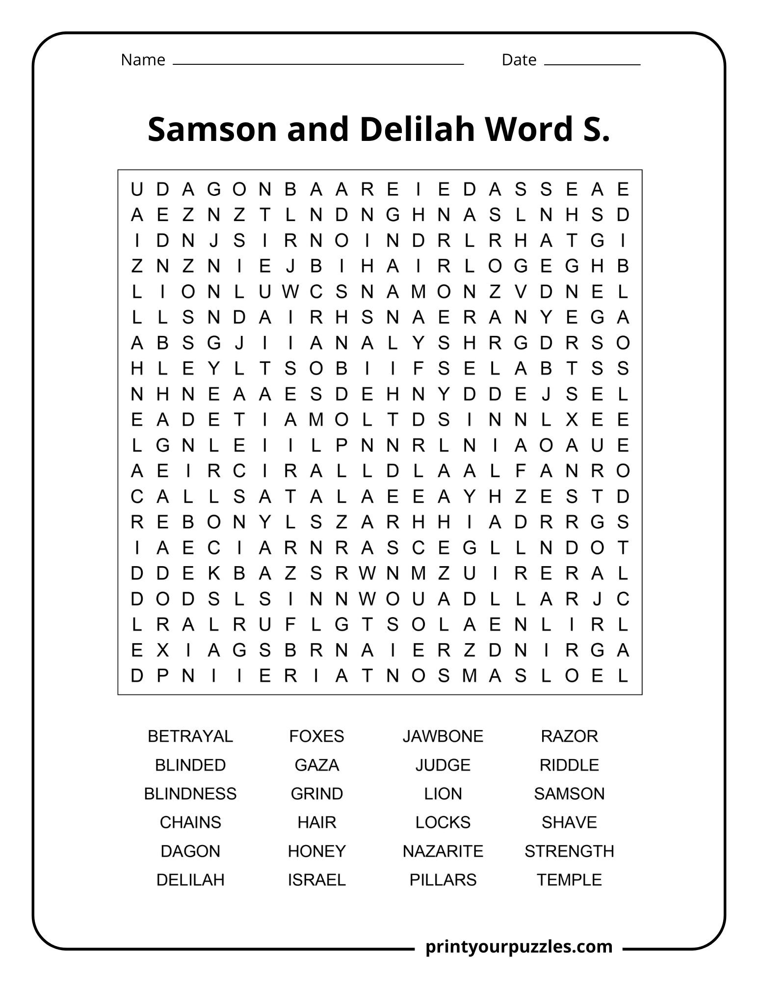 Samson And Delilah Word Search | Print Your Puzzles