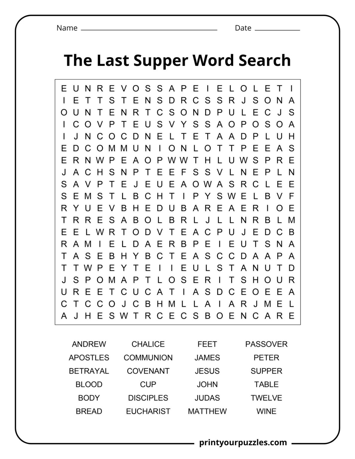 The Last Supper Word Search | Print Your Puzzles