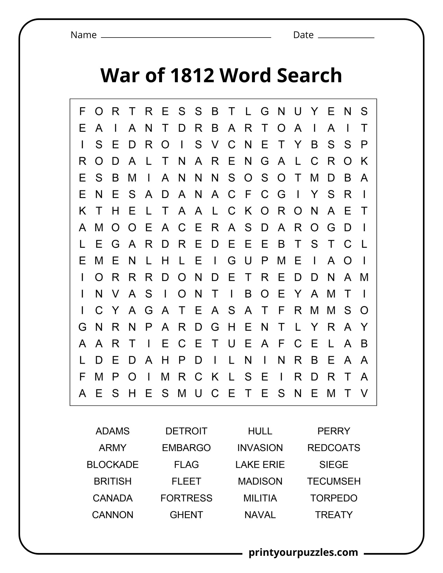 War Of 1812 Word Search | Print Your Puzzles