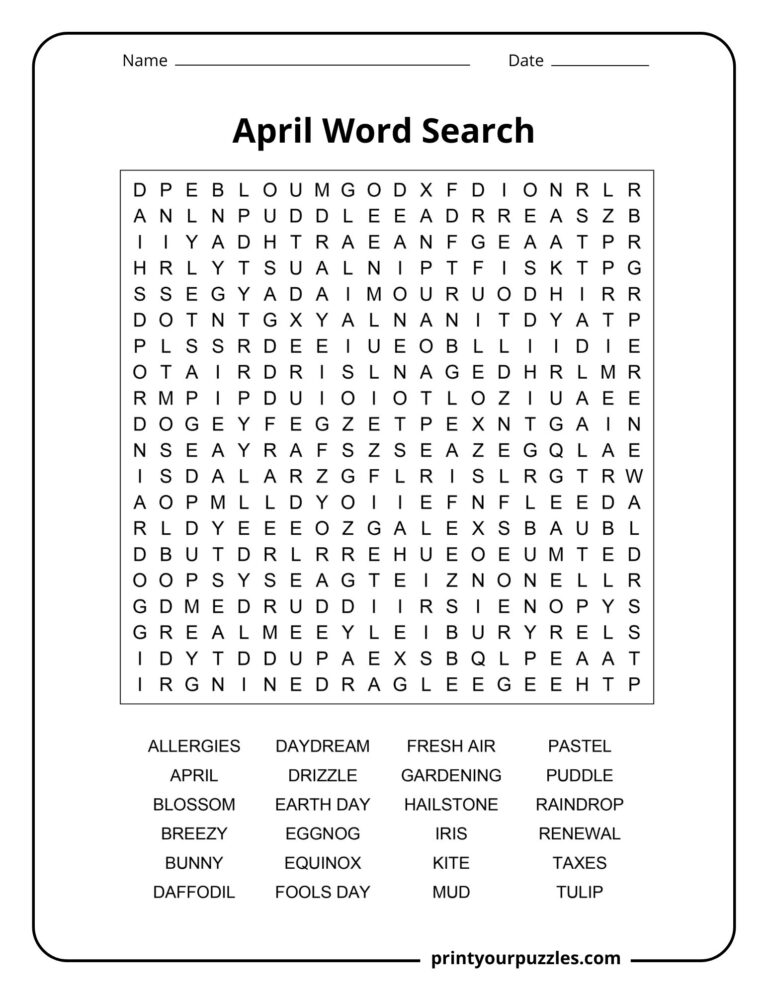April Word Search | Print Your Puzzles