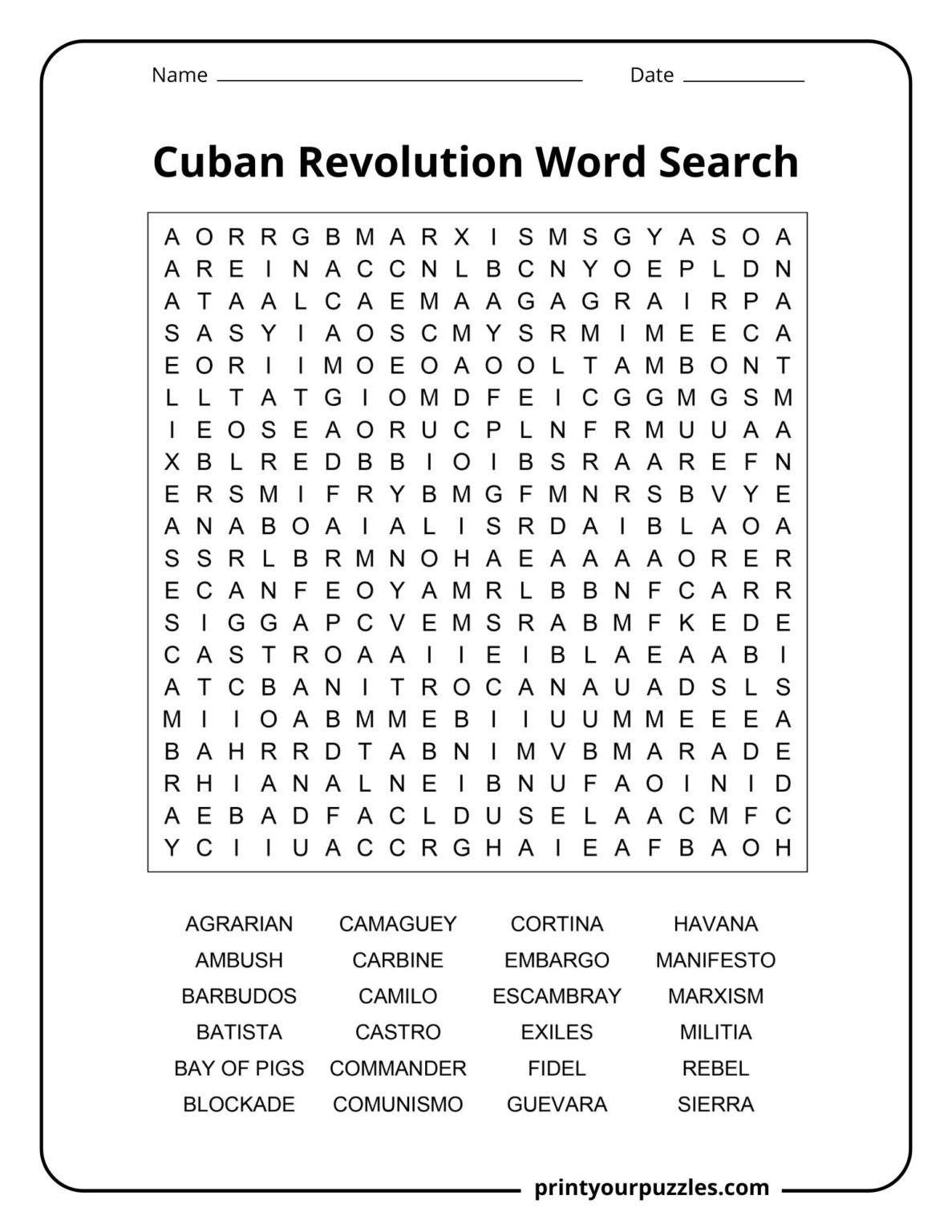 Cuban Revolution Word Search | Print Your Puzzles