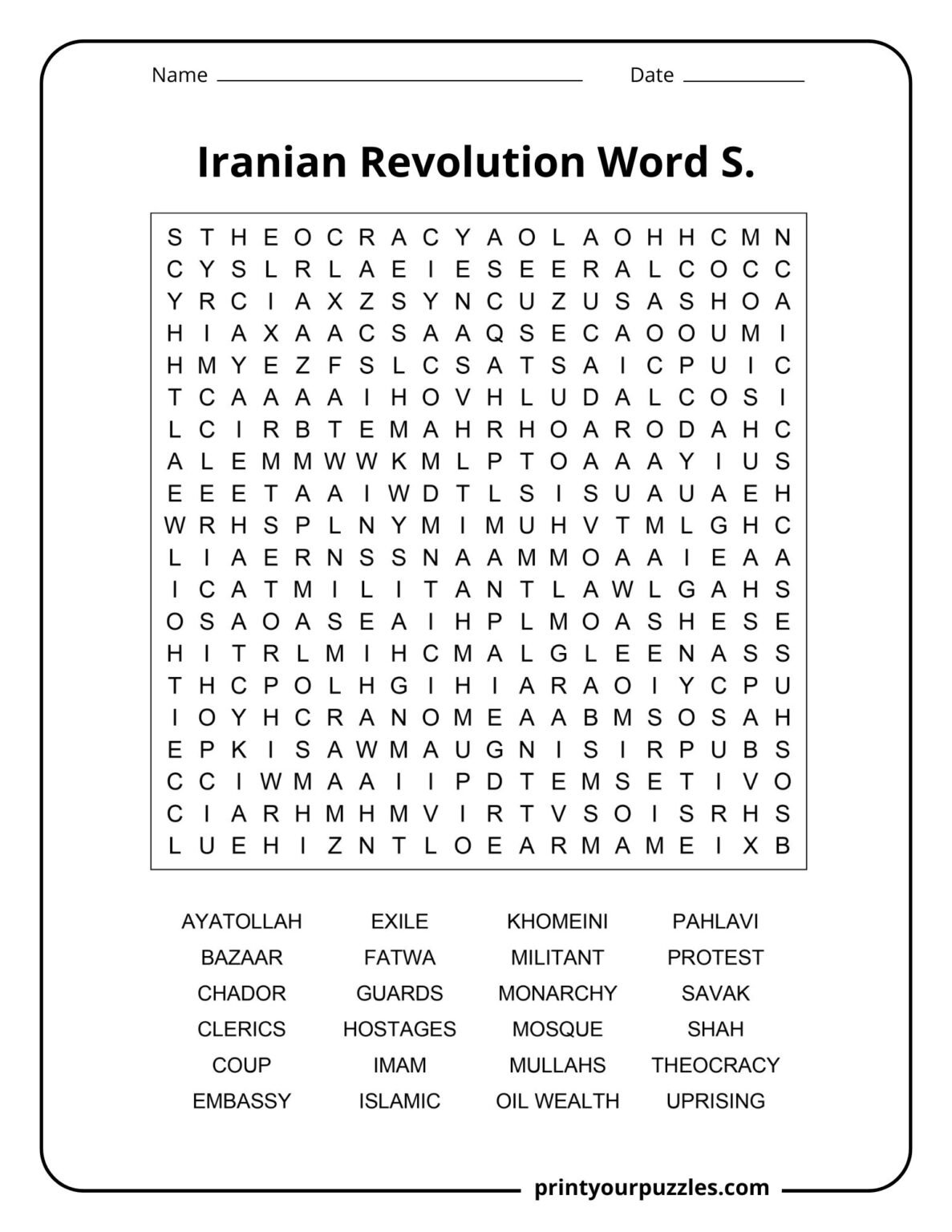 Iranian Revolution Word Search | Print Your Puzzles