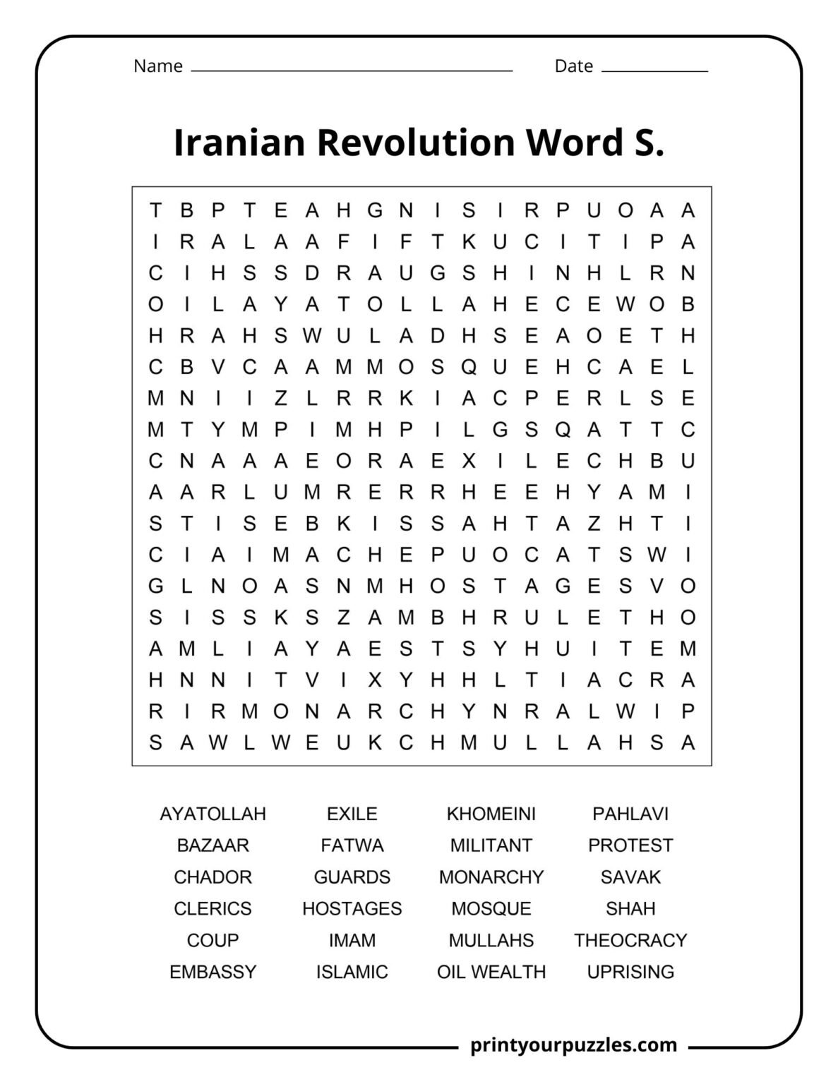 Iranian Revolution Word Search | Print Your Puzzles