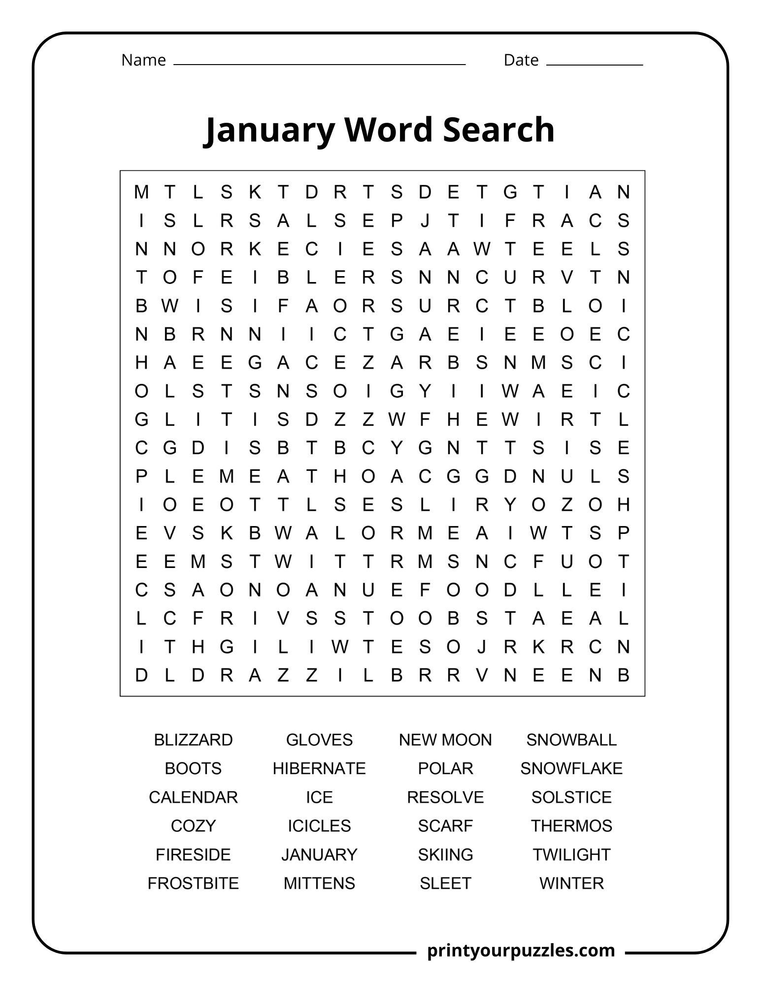 January Word Search | Print Your Puzzles