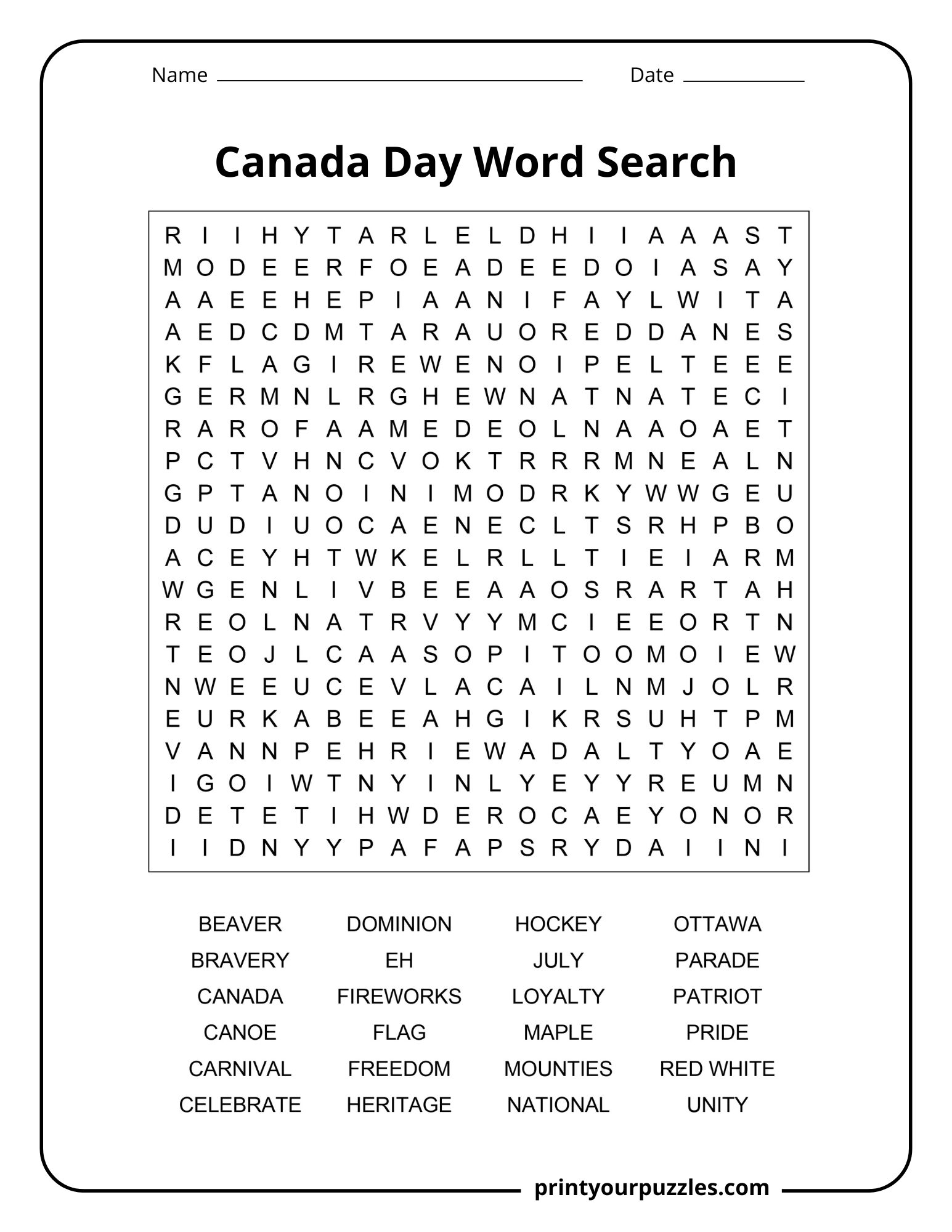 Canada Day Word Search | Print Your Puzzles
