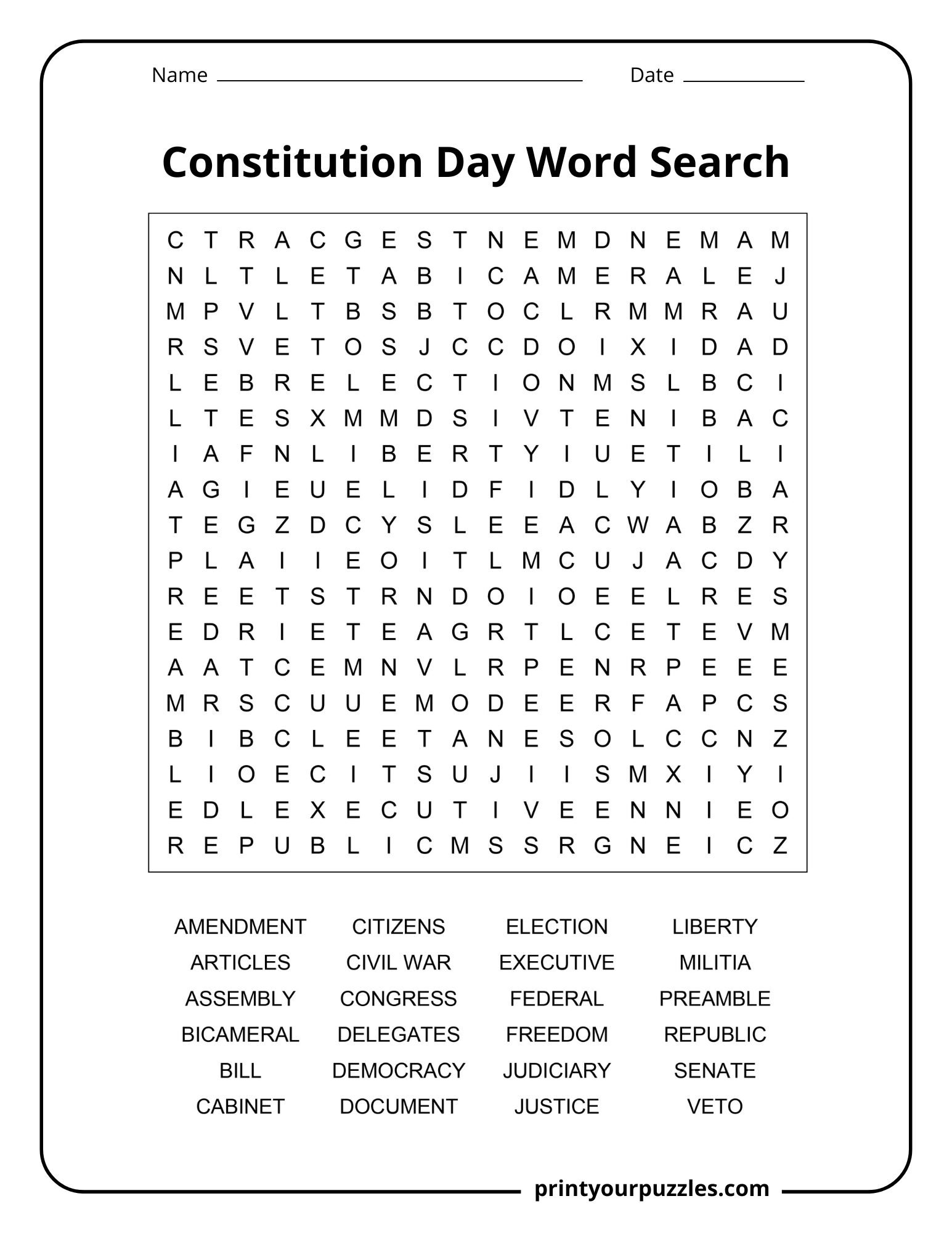 Constitution Day Word Search | Print Your Puzzles
