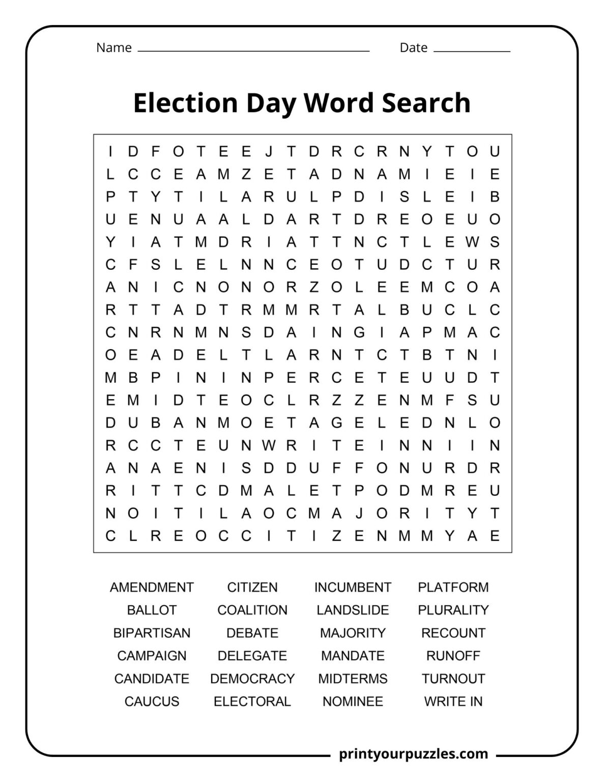 Election Day Word Search | Print Your Puzzles