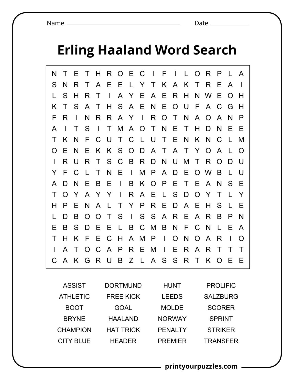 Erling Haaland Word Search | Print Your Puzzles